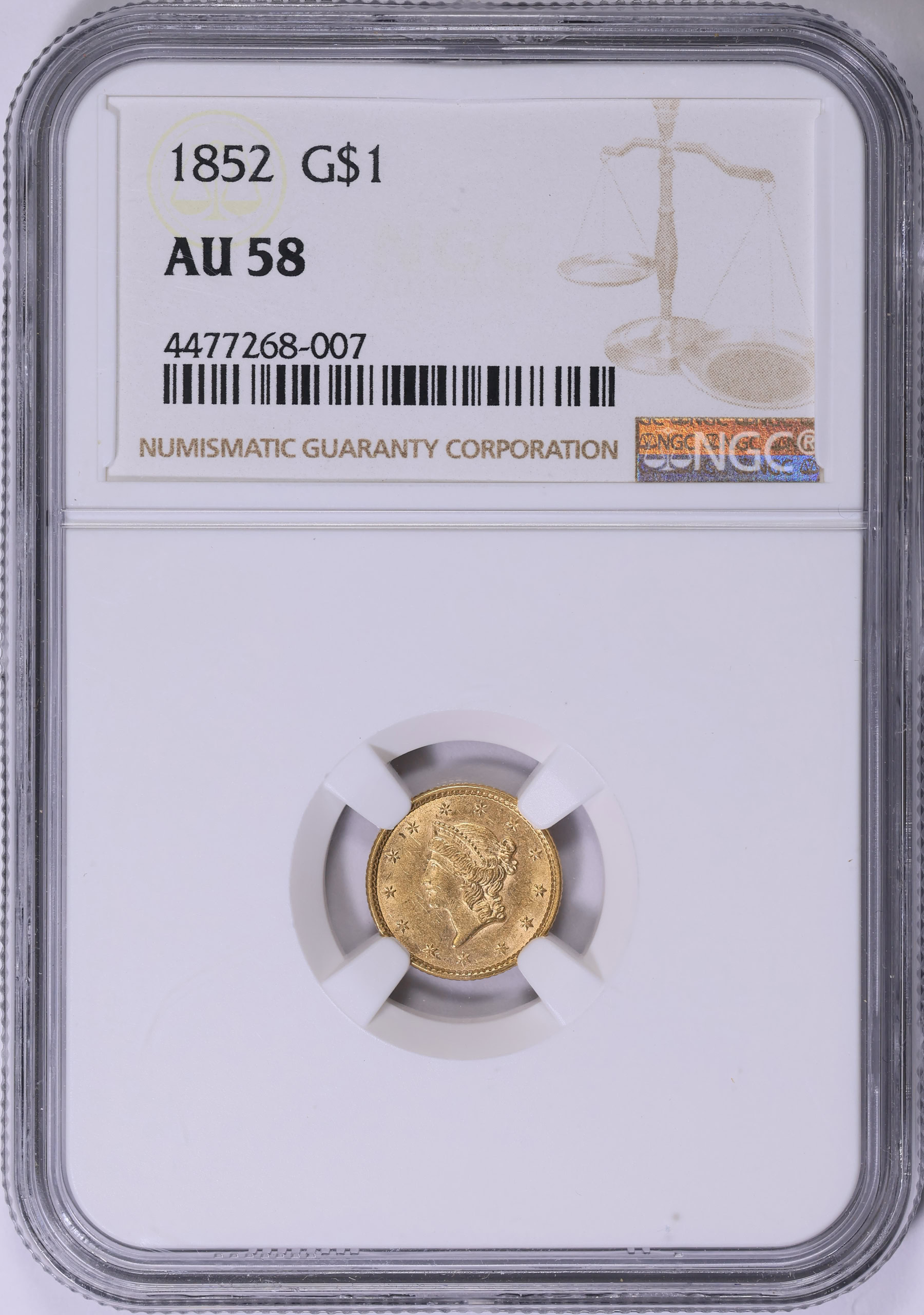 1852 Liberty Gold Dollar NGC AU-58 (Item 1789763) | GreatCollections ...