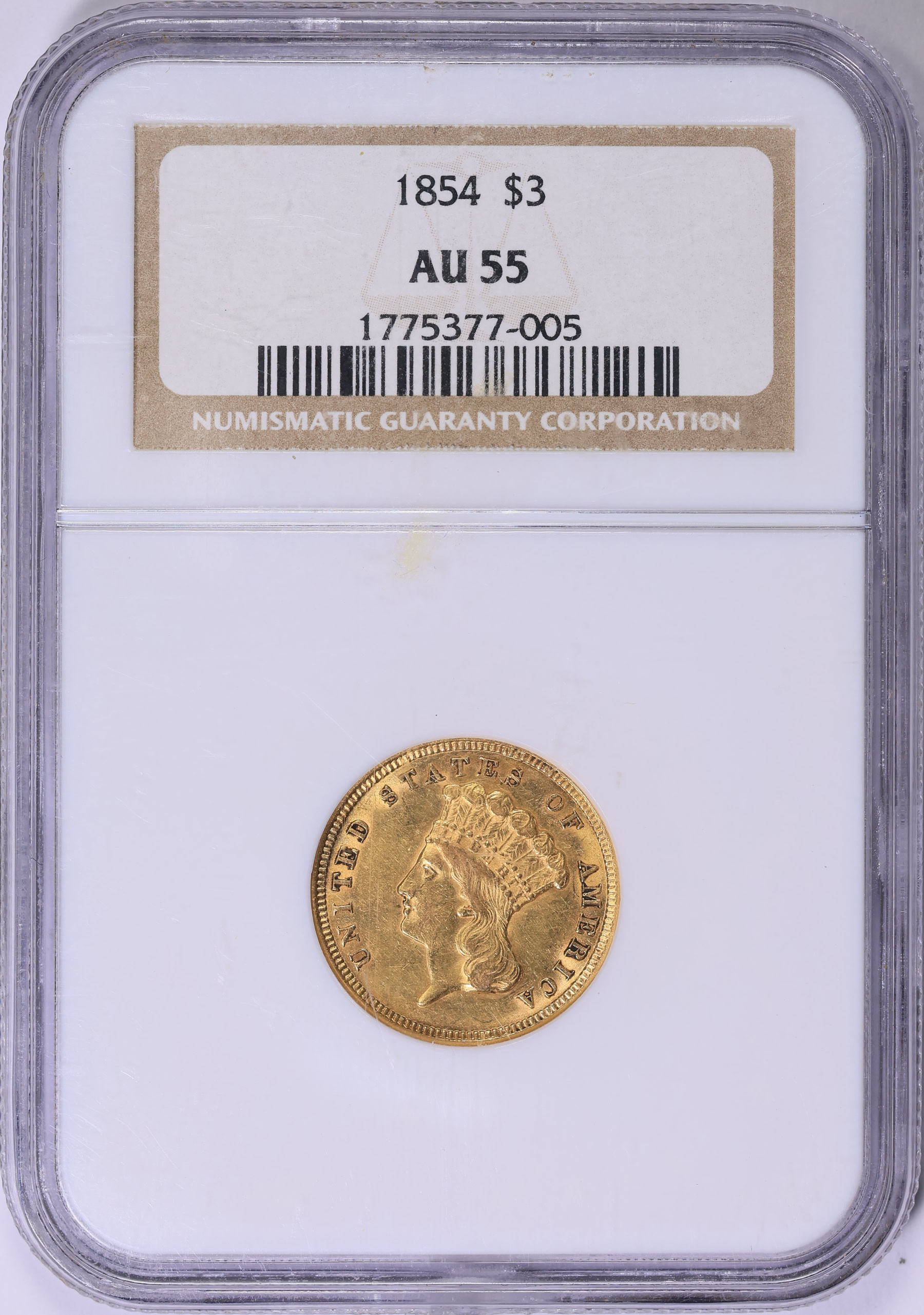 1854 Three-Dollar Gold Piece NGC AU-55 (Item 1789775) | GreatCollections Coin Auctions