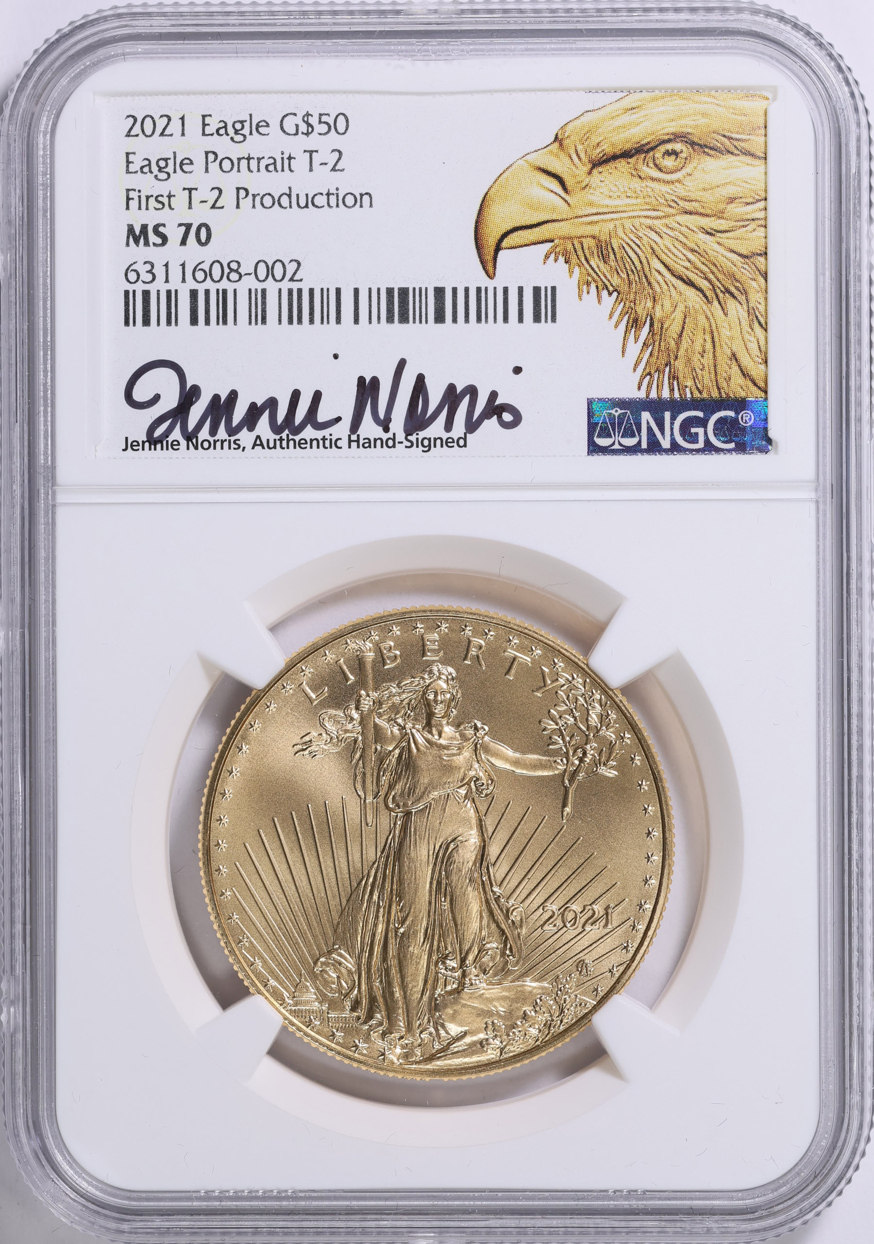 2021 $50 One-Ounce Gold American Eagle Type 2 First Type 2 Production NGC MS-70 (Jennie Norris ...