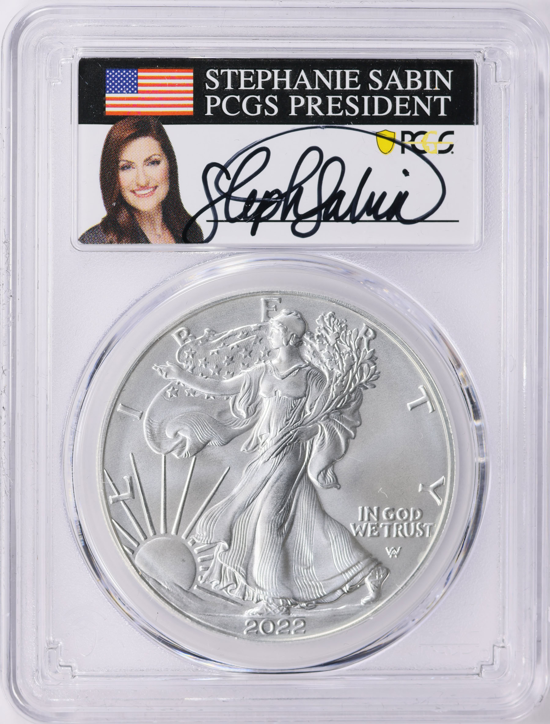 2022-W $1 Silver Eagle Burnished Advanced Release PCGS SP-70 (Stephanie Sabin Signed Label ...