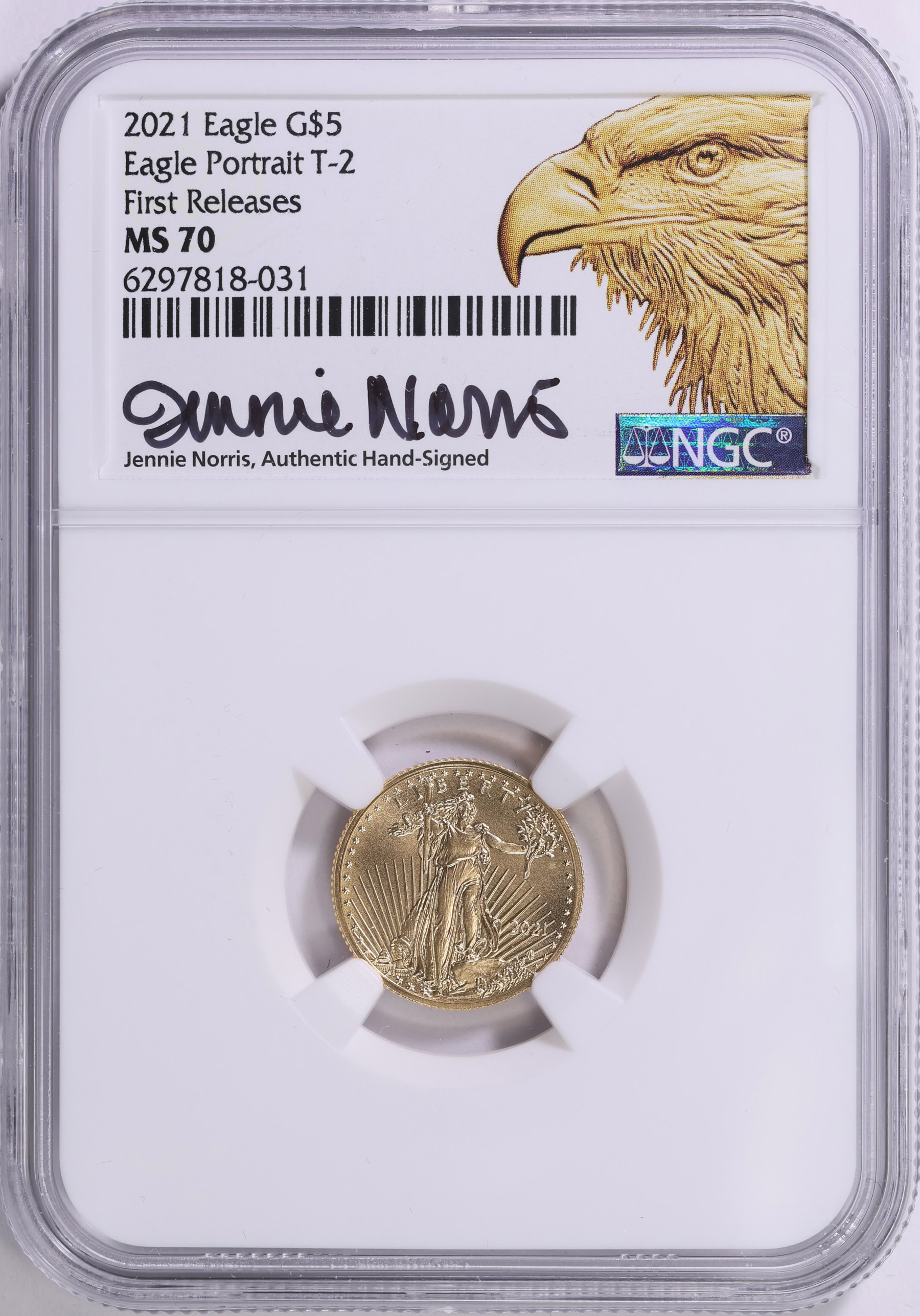2021 $5 Tenth-Ounce Gold American Eagle Type 2 First Releases NGC MS-70 (Jennie Norris Signed ...
