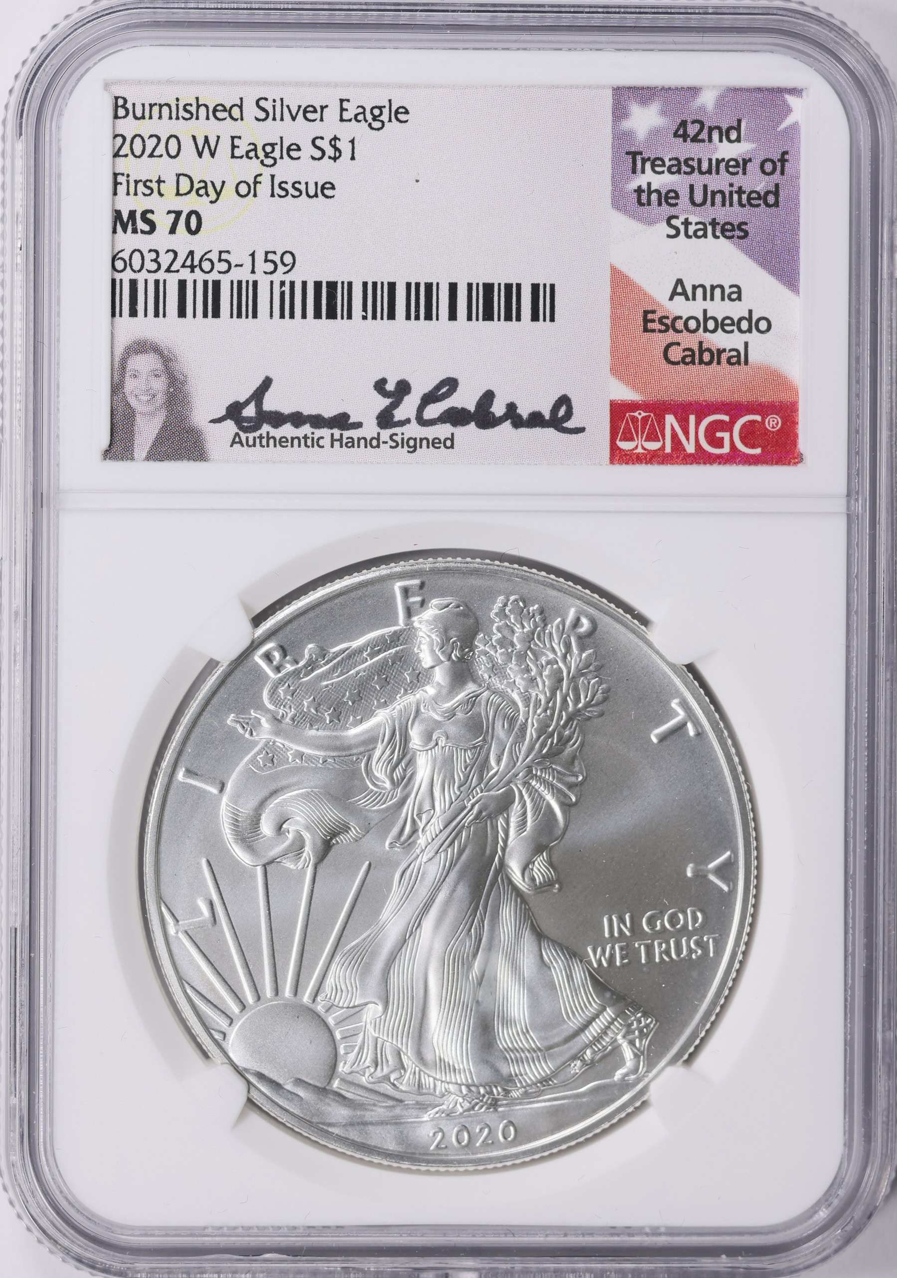 2020-W $1 Silver Eagle Burnished First Day of Issue NGC MS-70 (Anna Escobedo Cabral Signed Label ...