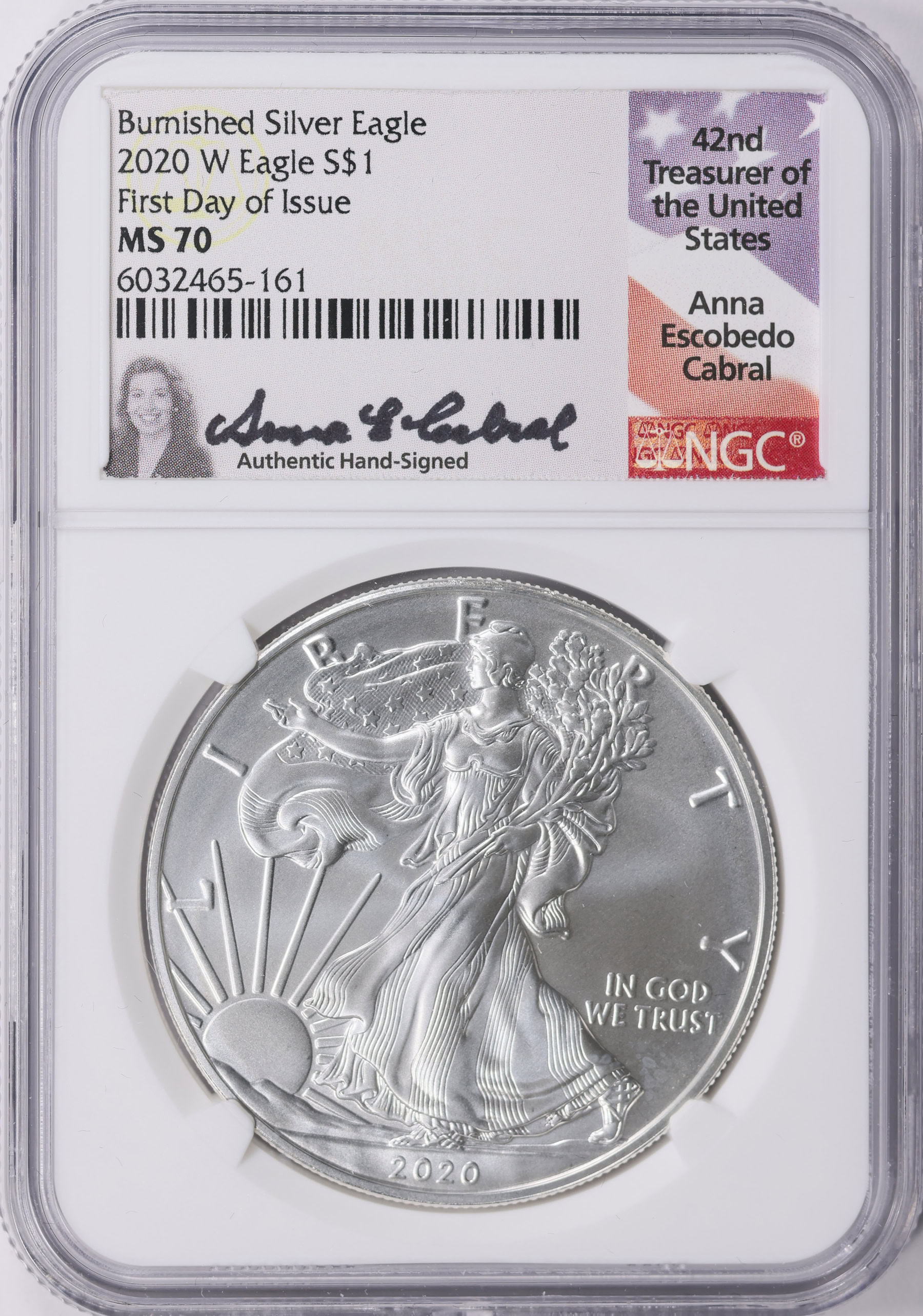 2020-W $1 Silver Eagle Burnished First Day of Issue NGC MS-70 (Anna Escobedo Cabral Signed Label ...