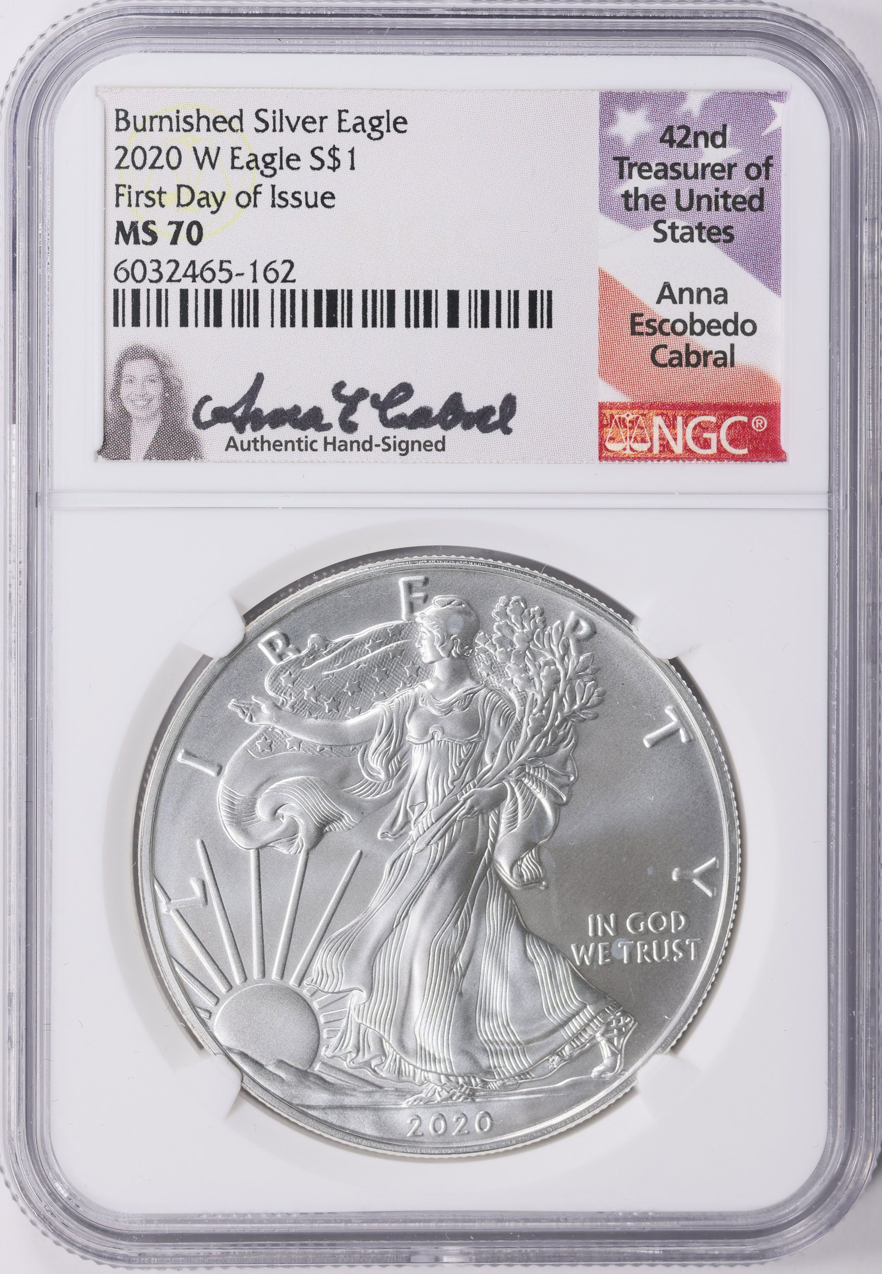 2020-W $1 Silver Eagle Burnished First Day of Issue NGC MS-70 (Anna Escobedo Cabral Signed Label ...