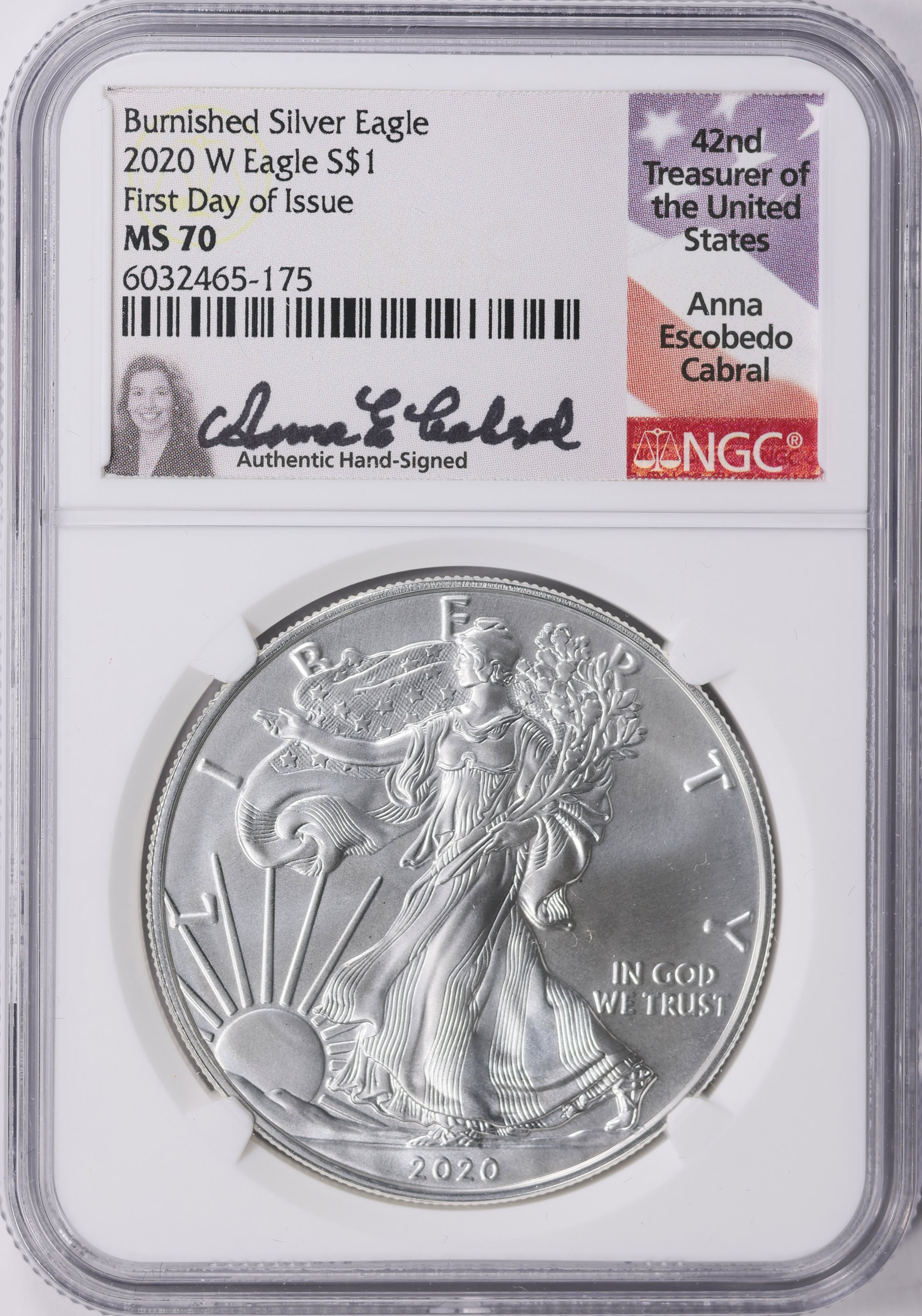 2020-W $1 Silver Eagle Burnished First Day of Issue NGC MS-70 (Anna Escobedo Cabral Signed Label ...