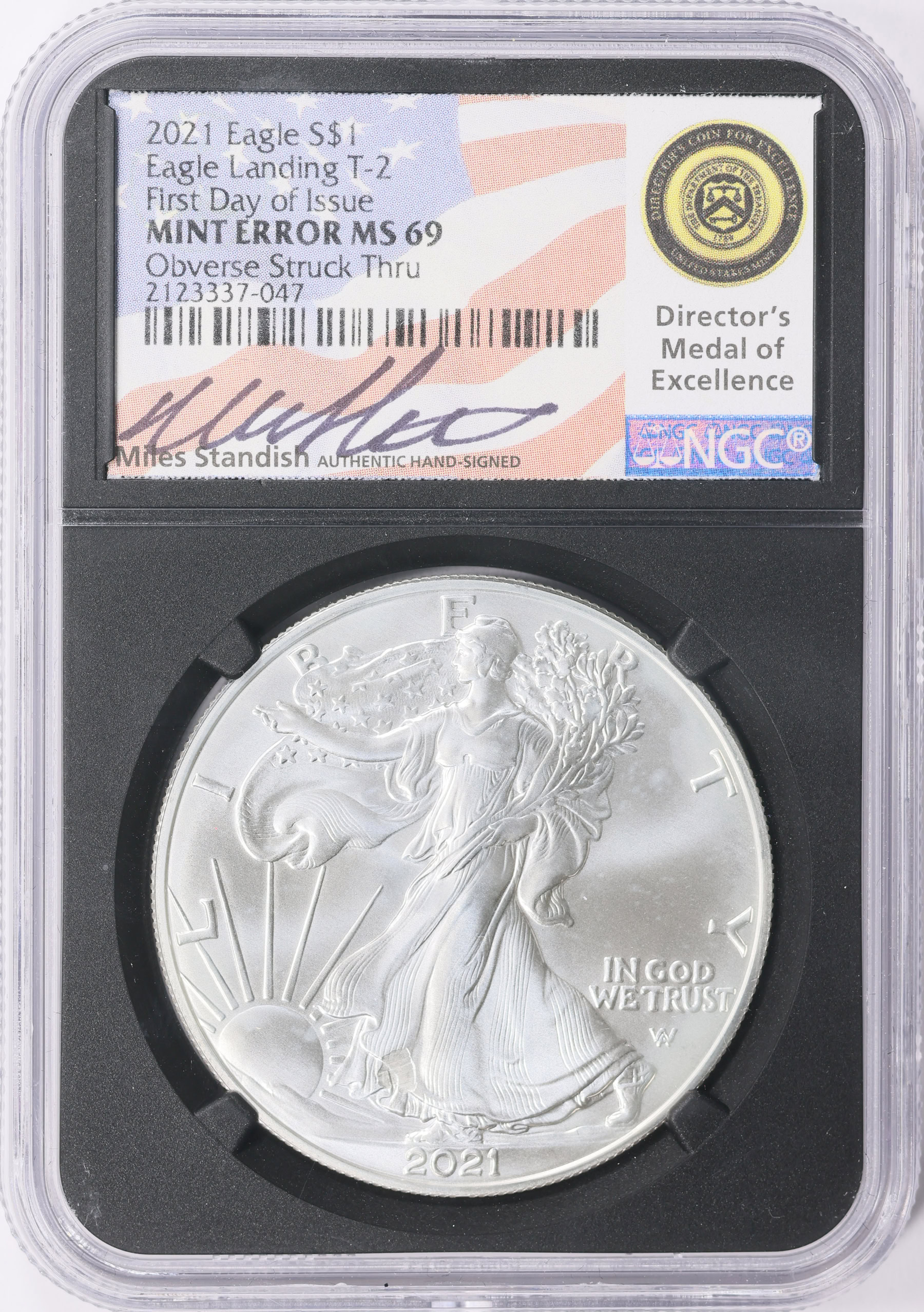Mint Error 2021 $1 Silver Eagle Type 2 First Day of Issue Obverse Struck Thru NGC MS-69 (Miles ...