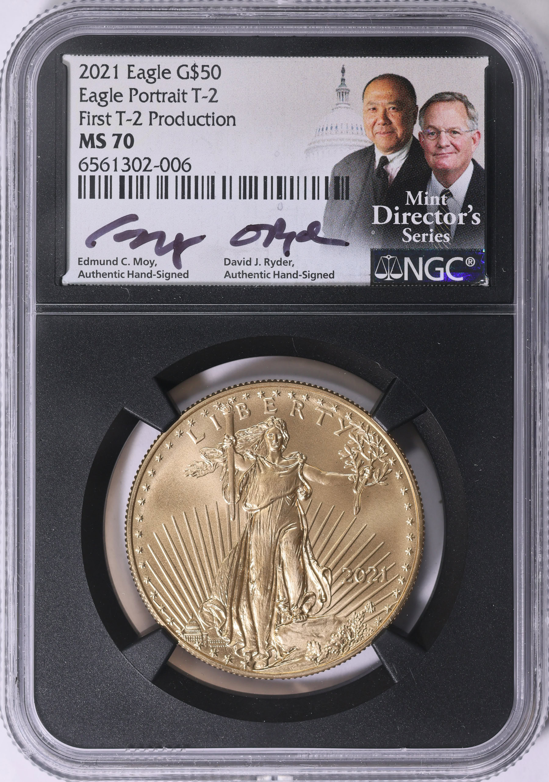 2021 $50 One-Ounce Gold American Eagle First Type 2 Production NGC MS-70 (Moy & Ryder Signed ...