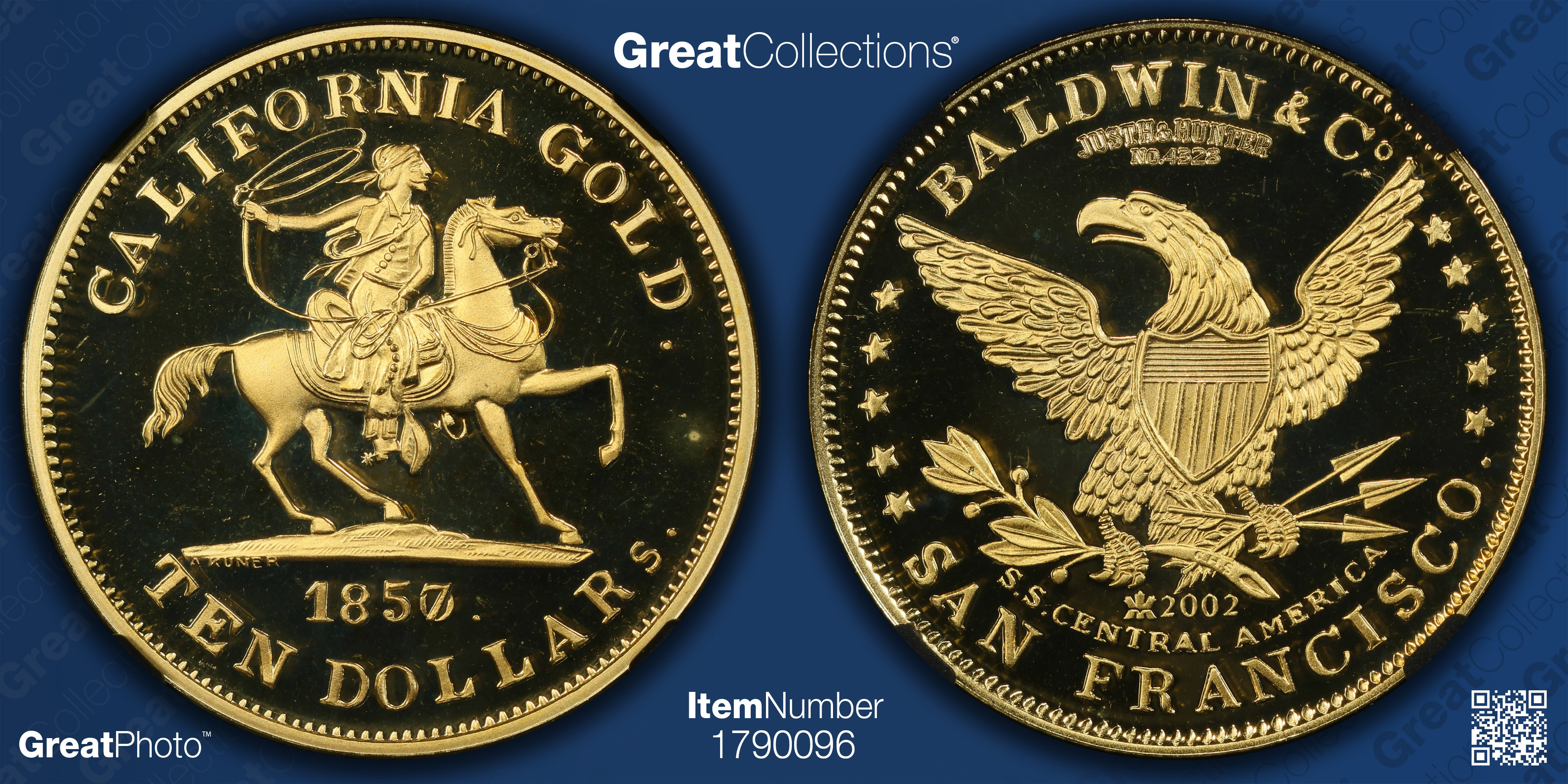 1857/0 $10 Gold 49er Horseman Baldwin & Co. 2002 Restrike NGC Gem Proof ...