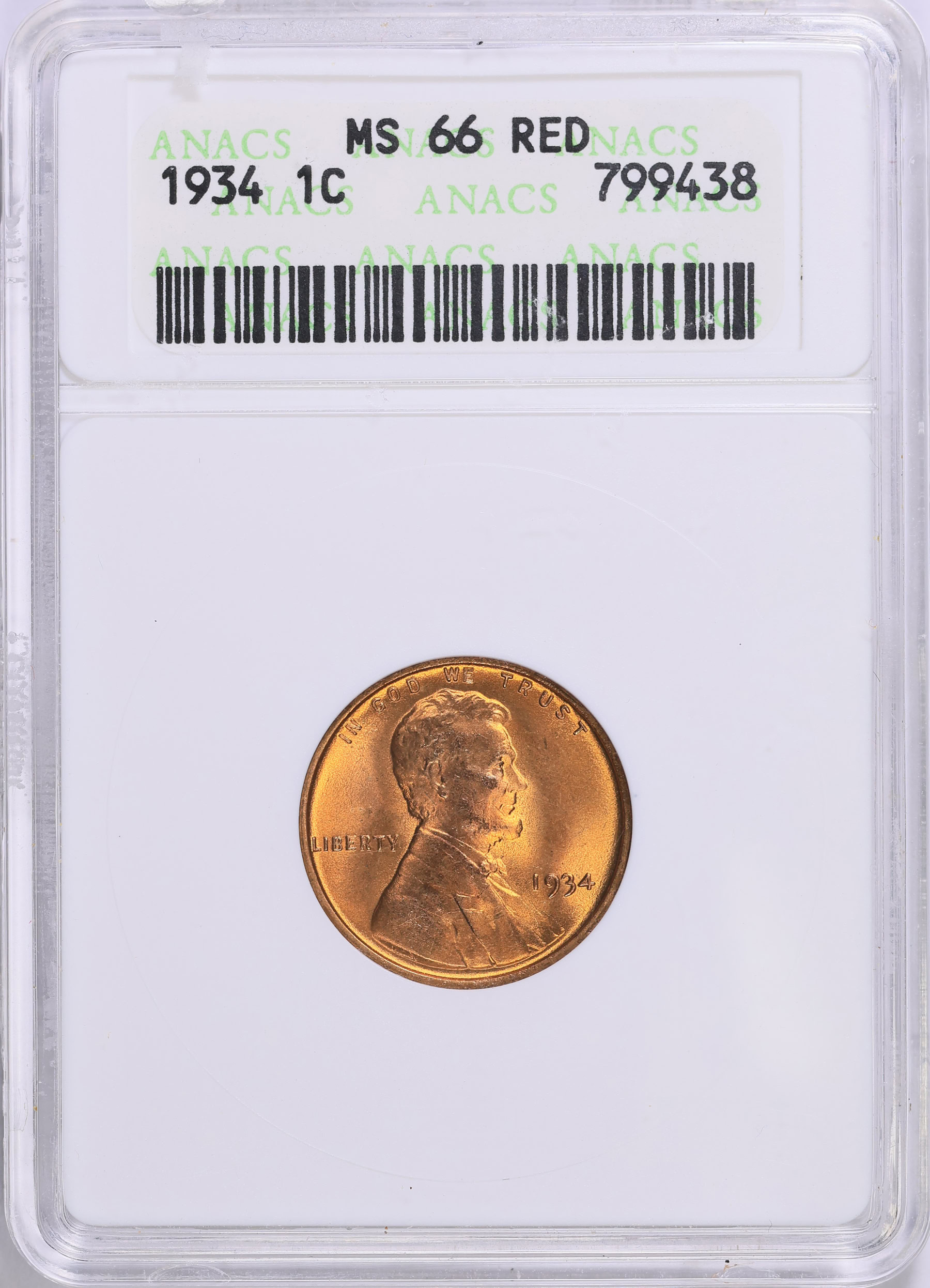 1934 Lincoln Cent ANACS MS-66 RD OH (Item 1790210) | GreatCollections Coin Auctions
