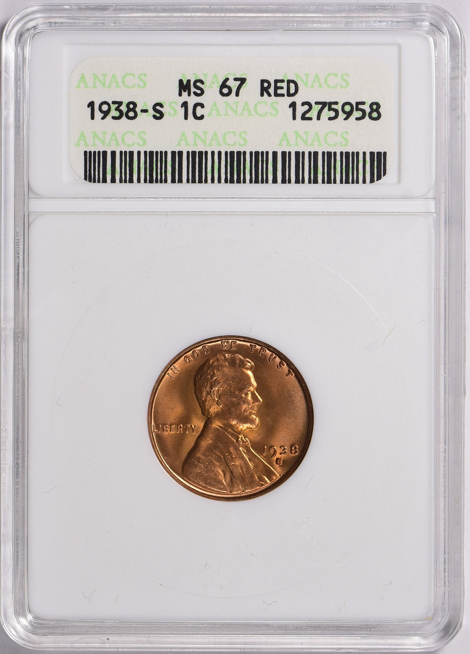 1938-S Lincoln Cent ANACS MS-67 RD OH (Item 1790211) | GreatCollections Coin Auctions