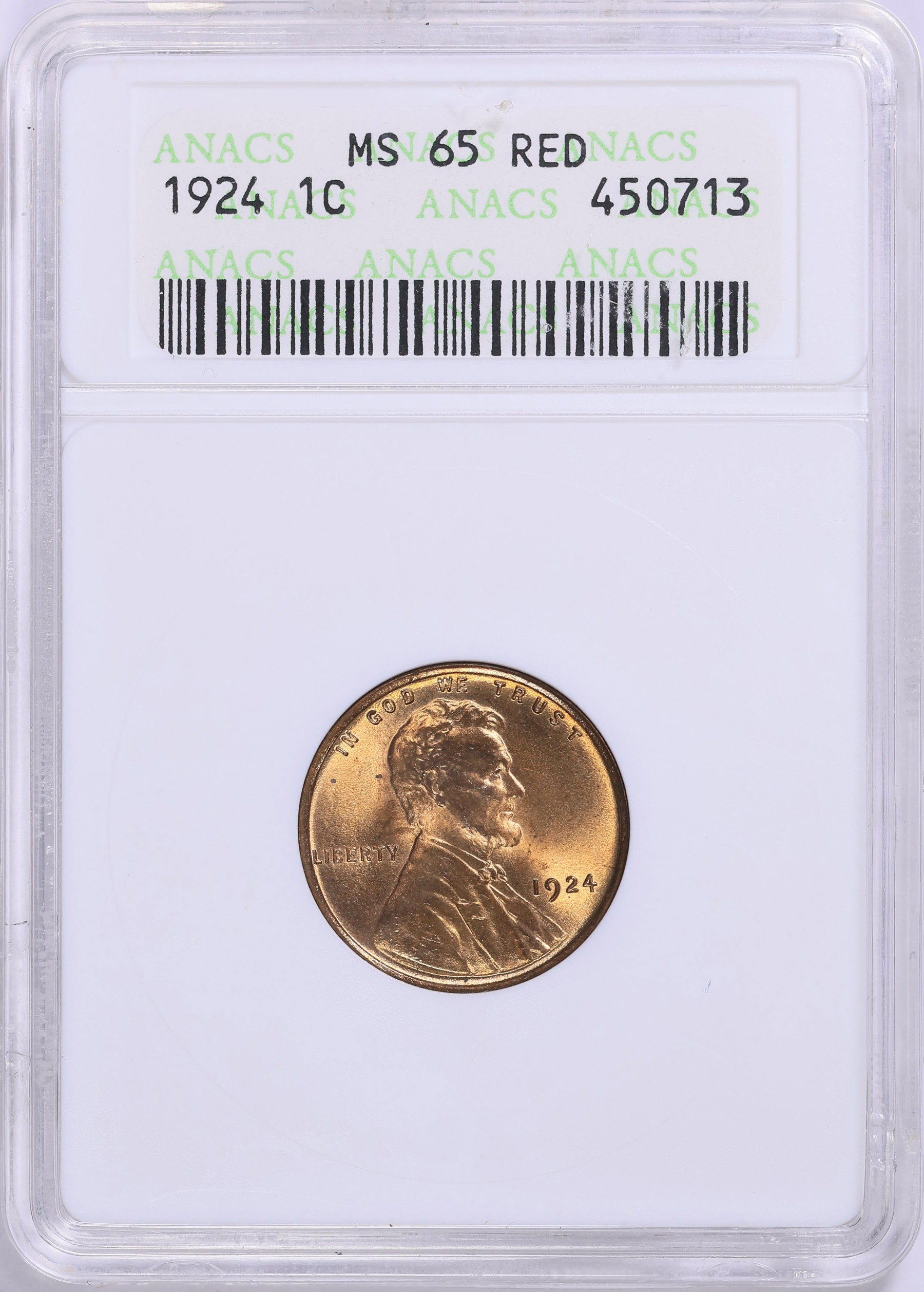 1924 Lincoln Cent ANACS MS-65 RD OH (Item 1790214) | GreatCollections Coin Auctions