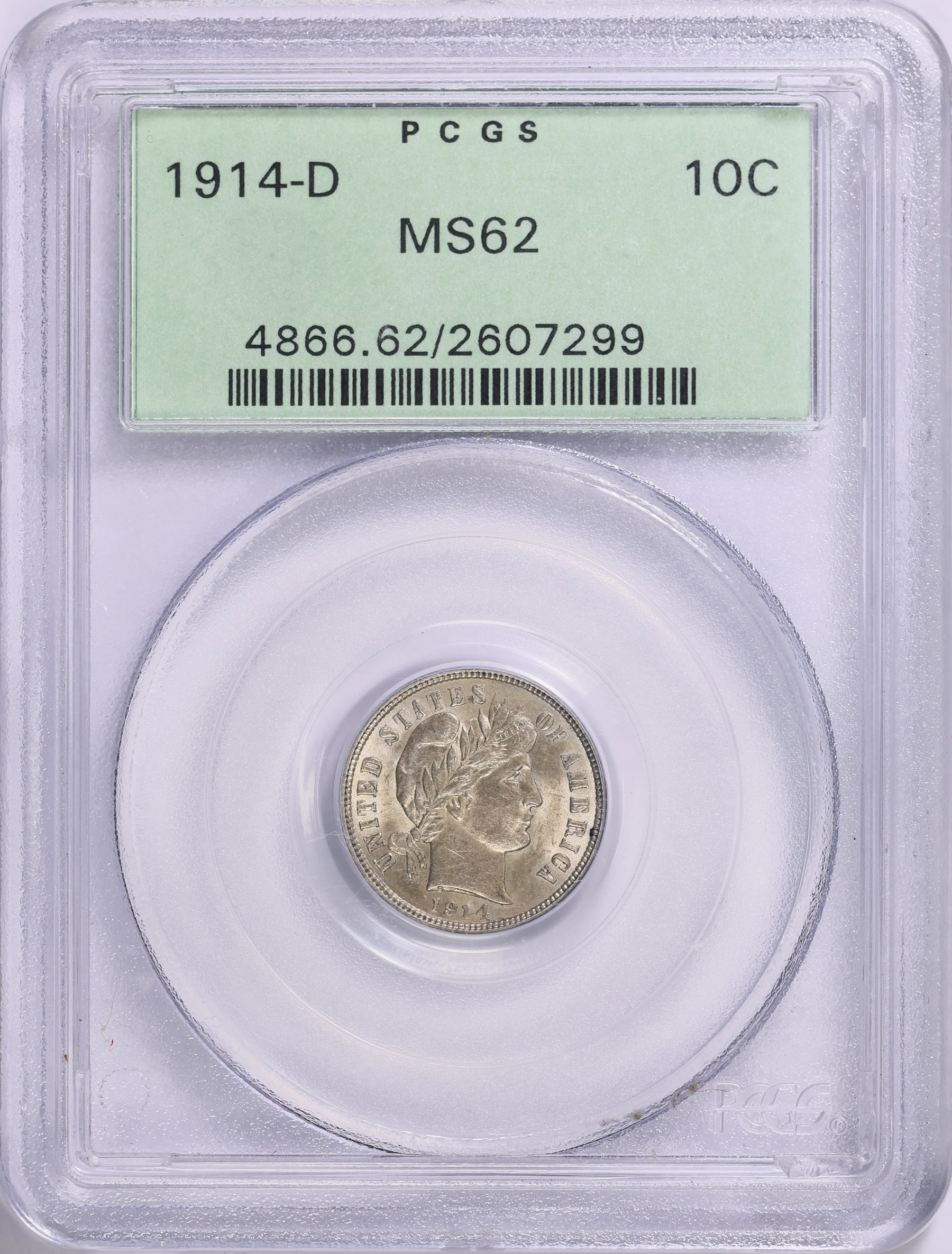 1914-D Barber Dime PCGS MS-62 OGH (Item 1790286) | GreatCollections Coin Auctions