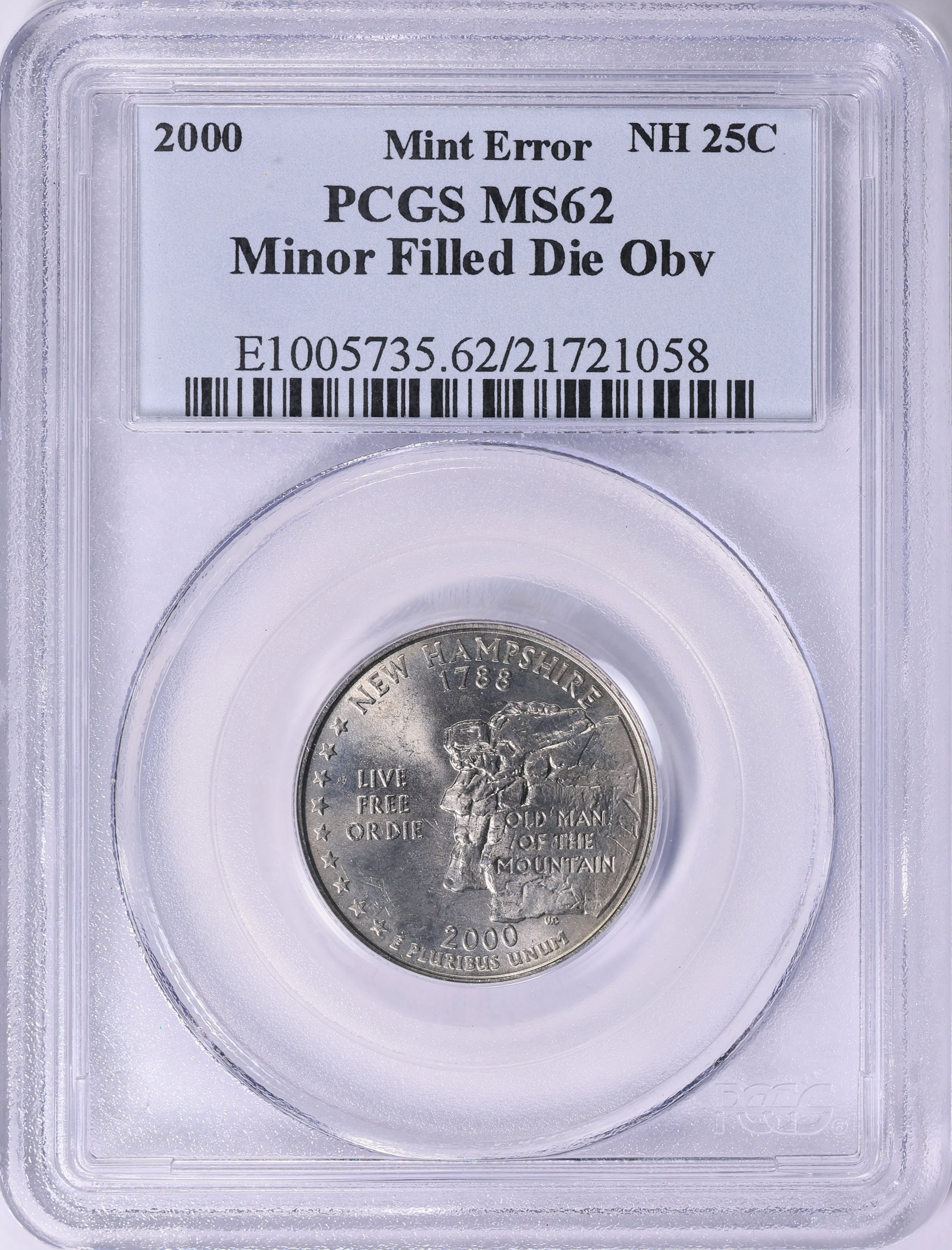 Mint Error 2000 State Quarter New Hampshire Minor Filled Die Obverse PCGS MS-62 | PCGS Cert ...