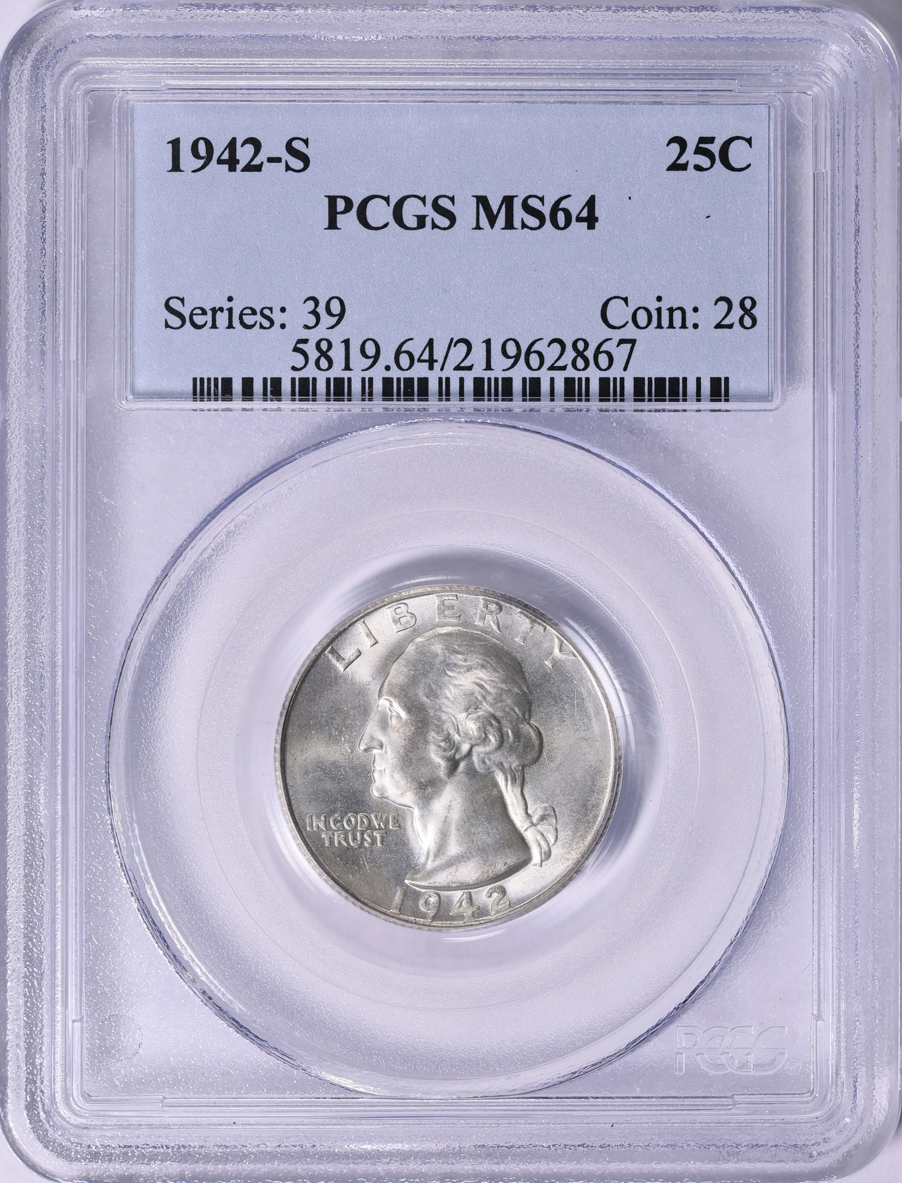 1942-S Washington Quarter PCGS MS-64 (Item 1790328) | GreatCollections Coin Auctions