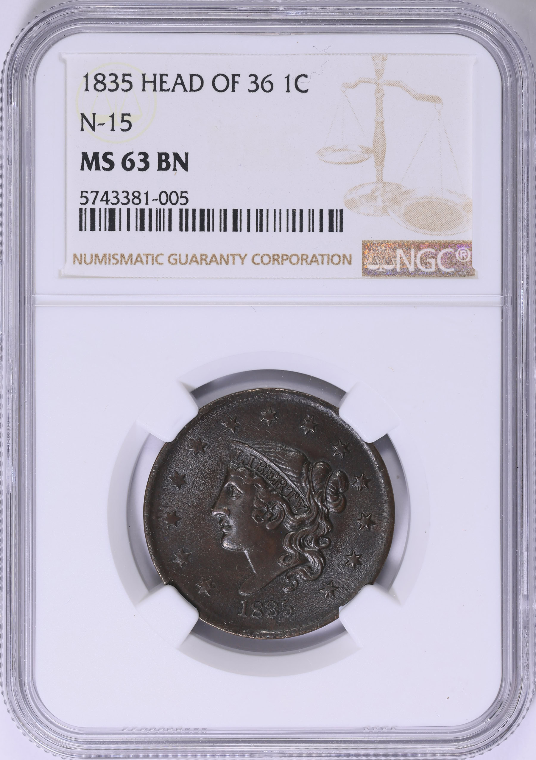 1835 Matron Cent N-15 Head of 1836 NGC MS-63 BN (Item 1790363) | GreatCollections Coin Auctions