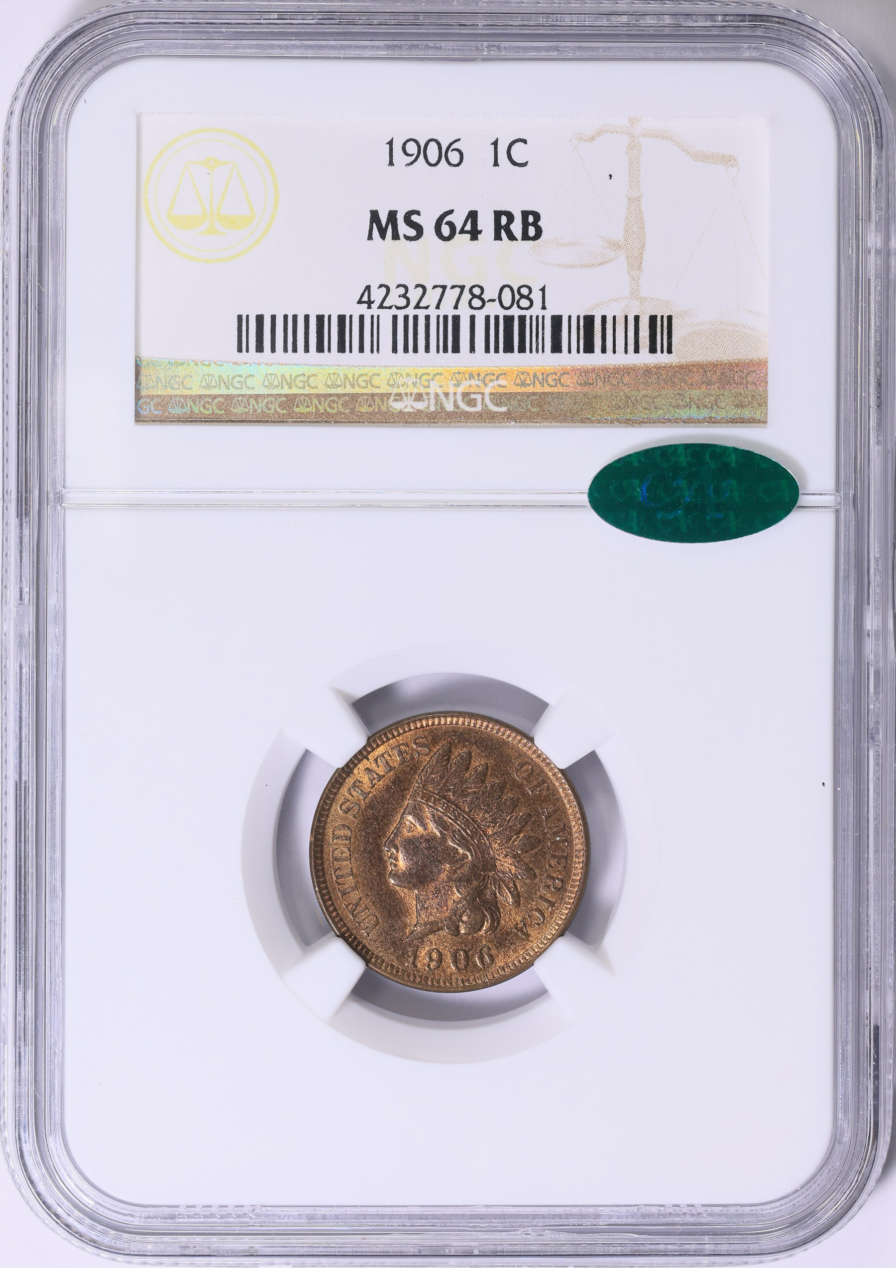1906 Indian Cent NGC MS-64 RB (CAC Green) (Item 1790388) | GreatCollections Coin Auctions