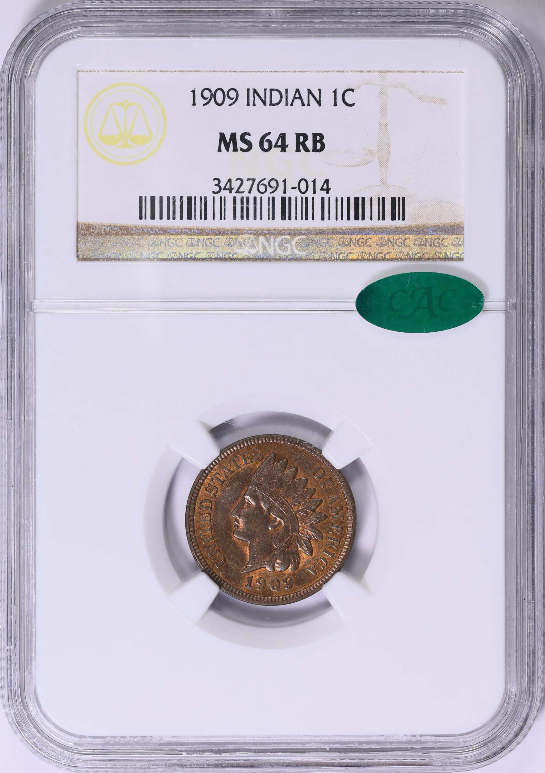 1909 Indian Cent NGC MS-64 RB (CAC Green) (Item 1790392) | GreatCollections Coin Auctions