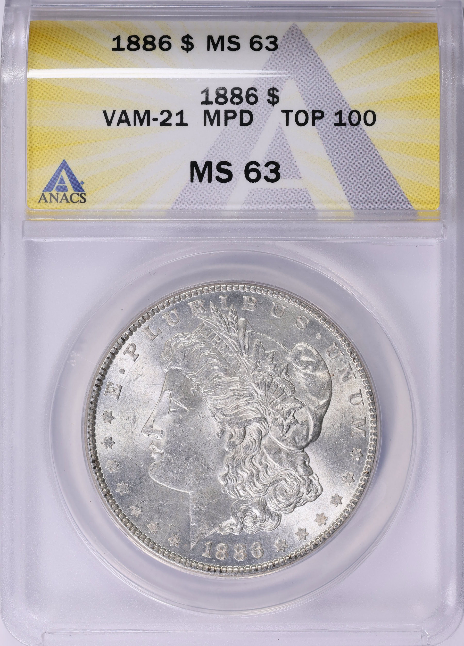 1886 Morgan Silver Dollar MPD VAM-21 Top 100 ANACS MS-63 (Item 1790533) | GreatCollections Coin ...