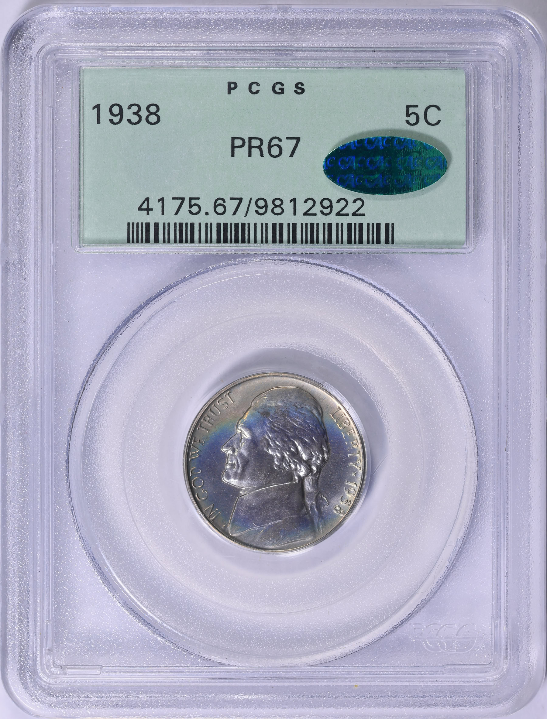 1938 Jefferson Nickel PCGS Proof-67 (CAC Green) (Toned) OGH (Item ...
