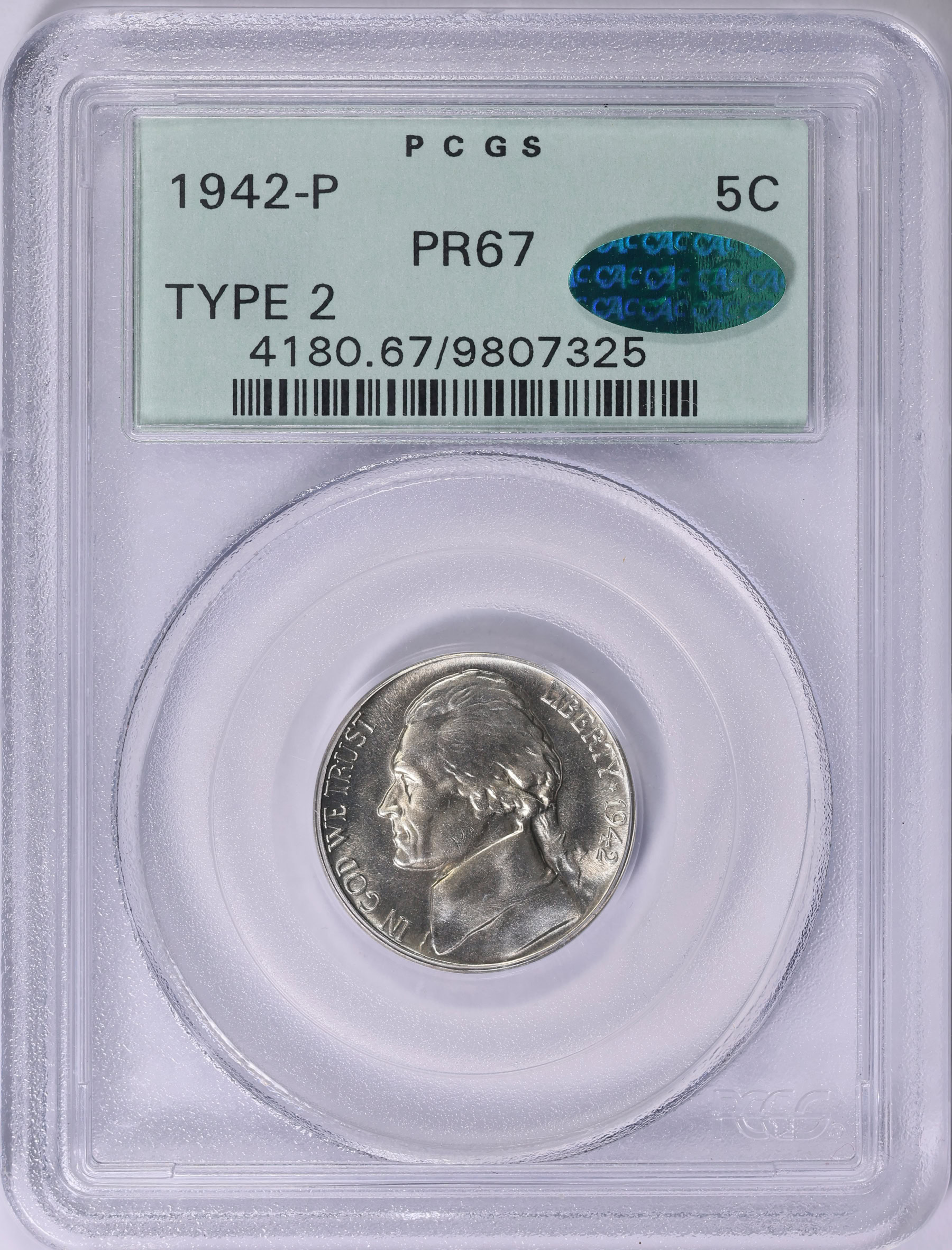 1942-P Jefferson Nickel Type 2 PCGS Proof-67 (CAC Green) OGH (Item 1790558) | GreatCollections ...