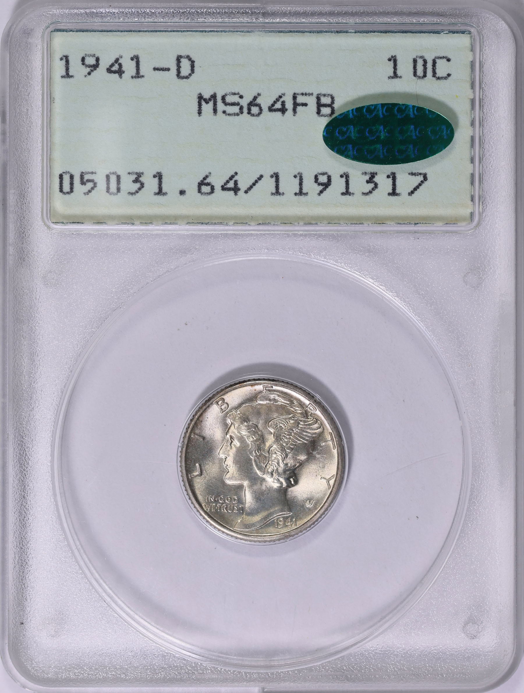 1941-D Mercury Dime PCGS MS-64 FB (CAC Green) OGH (1st Gen) (Item 1790575) | GreatCollections ...