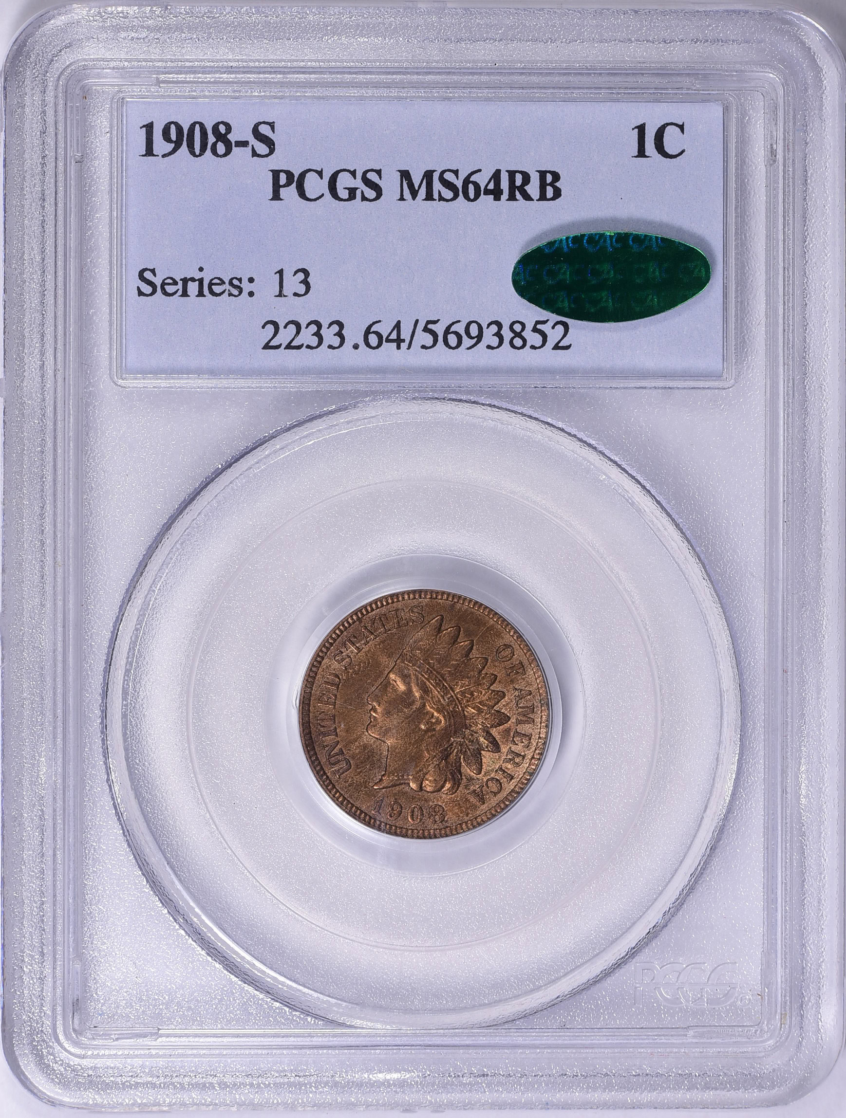 1908-S Indian Cent PCGS MS-64 RB (CAC Green) (Item 1790588) | GreatCollections Coin Auctions