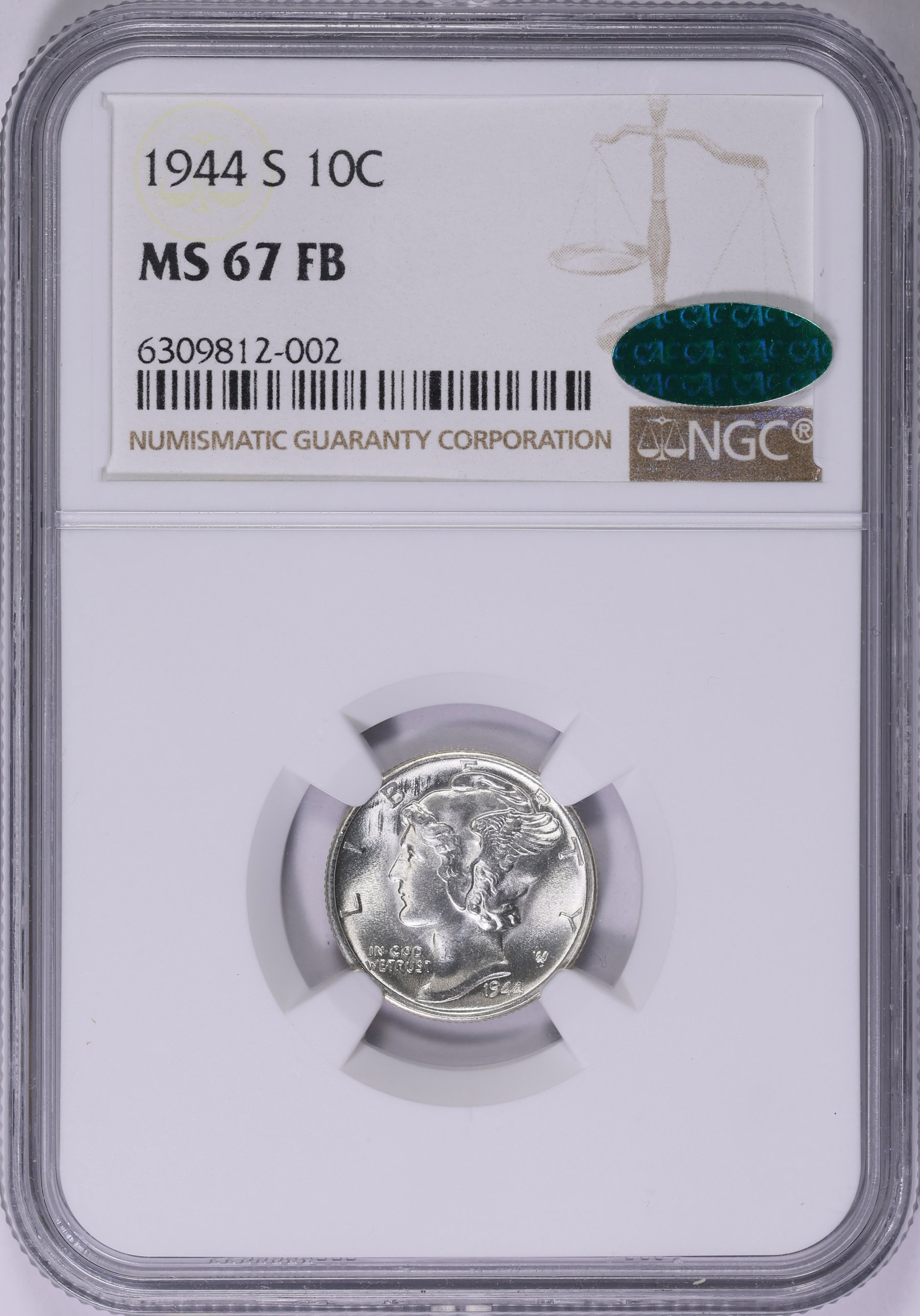 1944-S Mercury Dime NGC MS-67 FB (CAC Green) (Item 1790602) | GreatCollections Coin Auctions