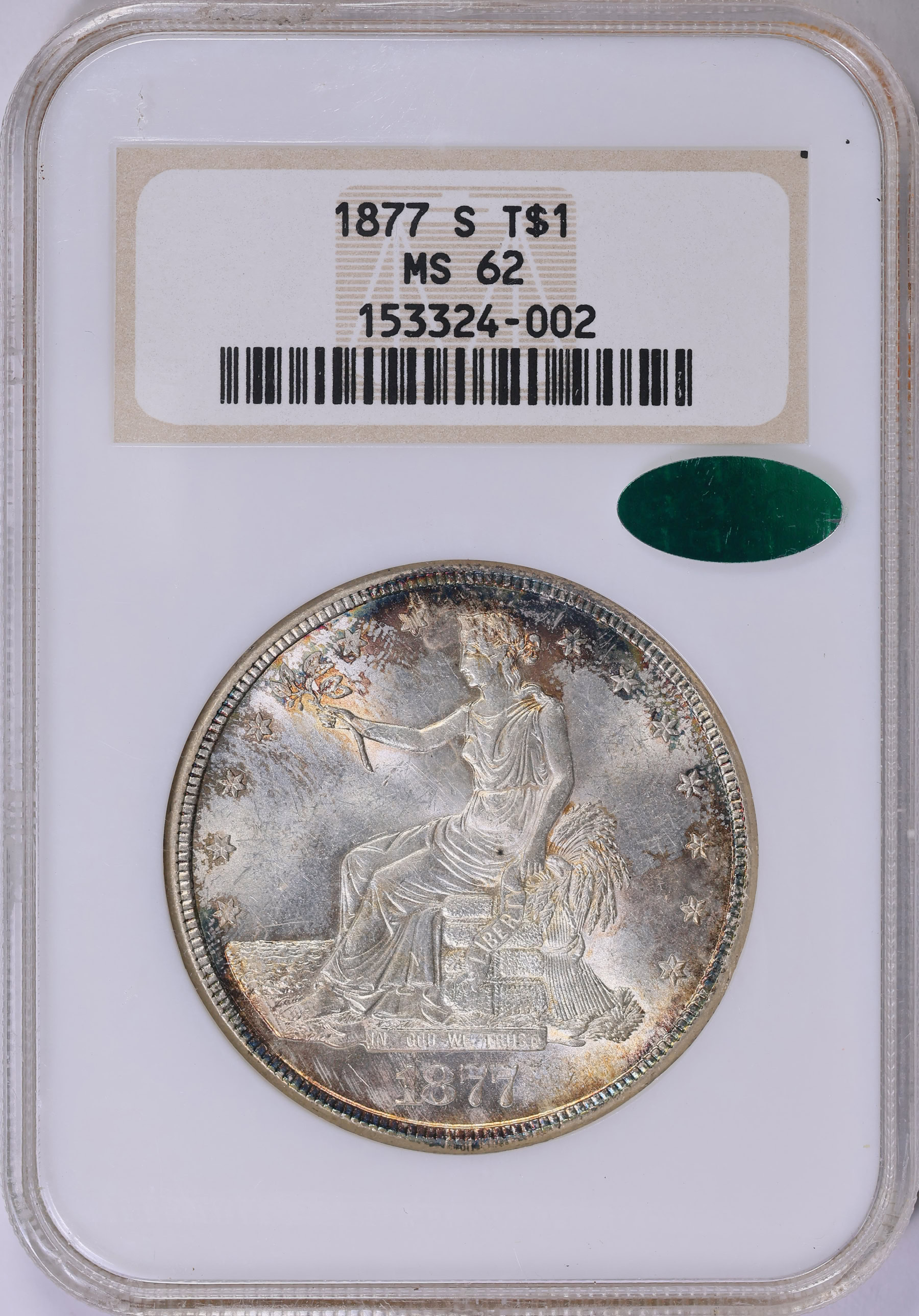 1877-S Trade Silver Dollar NGC MS-62 (CAC Green) OH (Toned) (Item 1790604) | GreatCollections ...