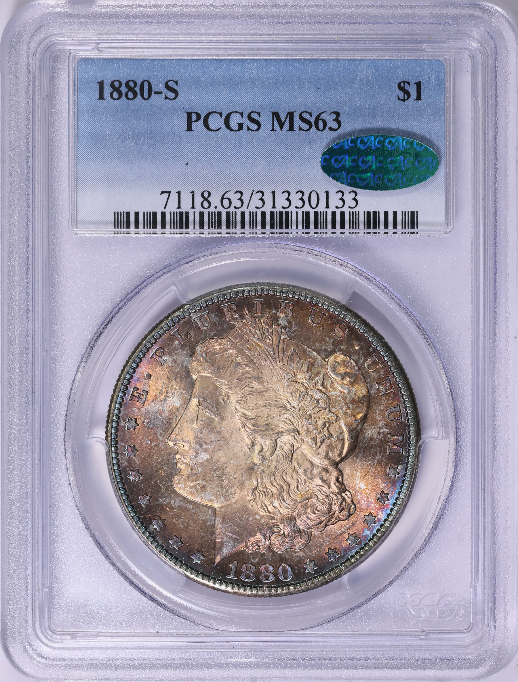 1880-S Morgan Silver Dollar PCGS MS-63 (CAC Green) (Toned) (Item 1790740) | GreatCollections ...