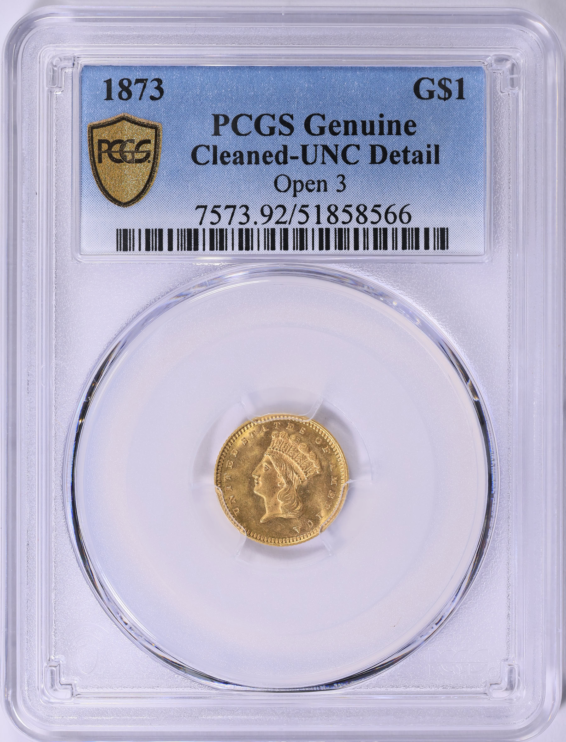 1873 Indian Princess Gold Dollar Open 3 PCGS Genuine Unc Details (Item 1791018 ...