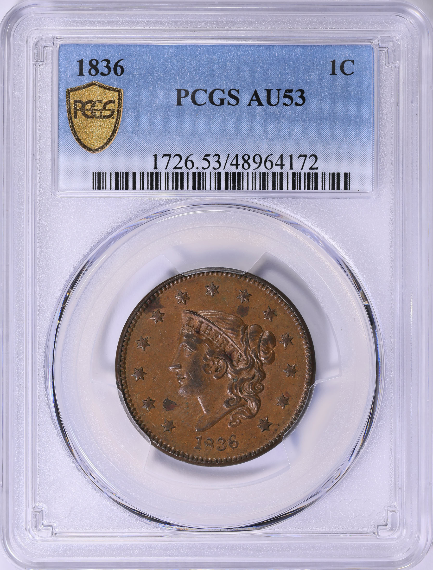 1836 Matron Cent PCGS AU-53 BN (Item 1791109) | GreatCollections Coin Auctions