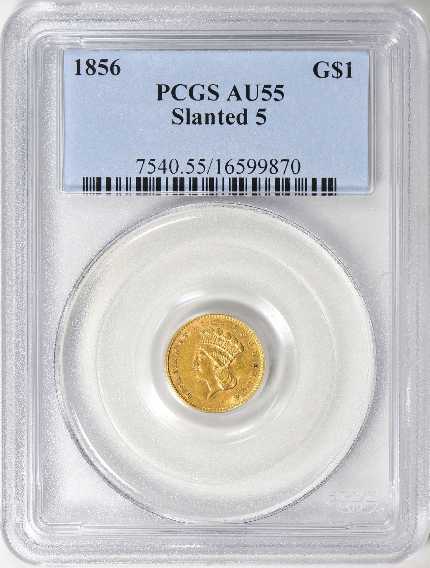 1856 Indian Princess Gold Dollar Slanted 5 PCGS AU-55 (Item 1791160) | GreatCollections Coin ...