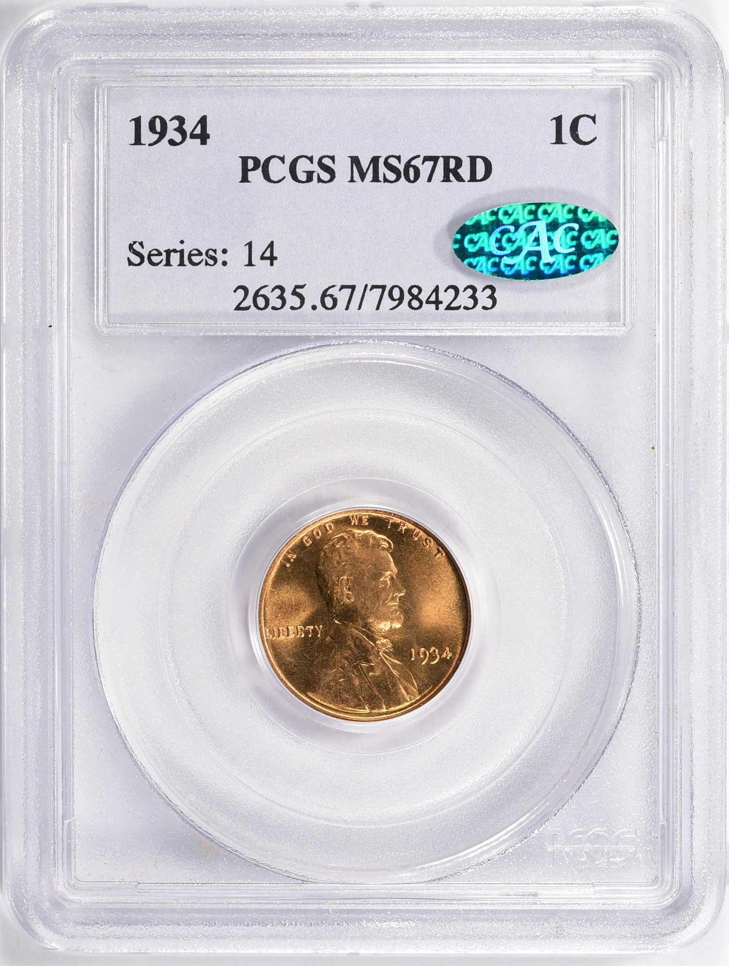 1934 Lincoln Cent PCGS MS-67 RD (CAC Green) (Item 1791165) | GreatCollections Coin Auctions