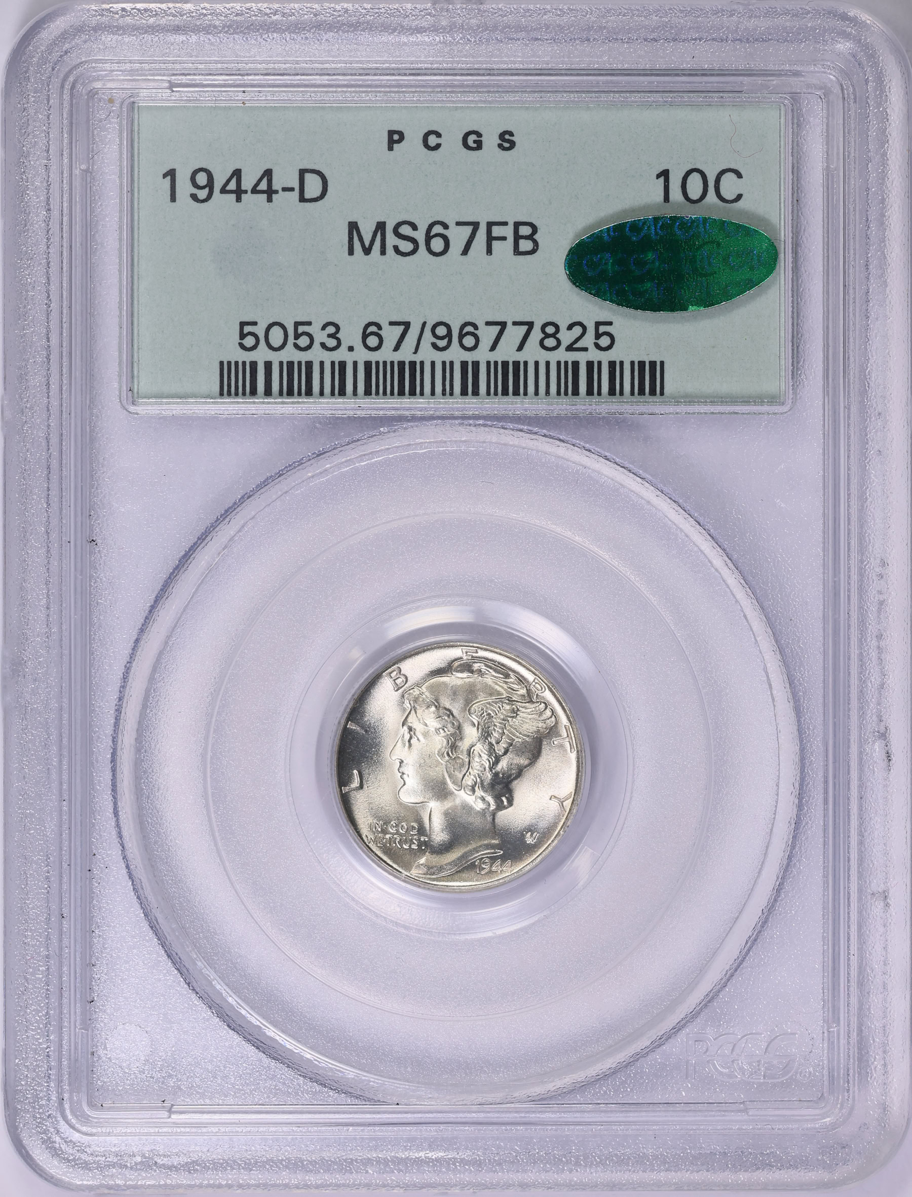 1944-D Mercury Dime PCGS MS-67 FB (CAC Green) OGH (Item 1791171) | GreatCollections Coin Auctions