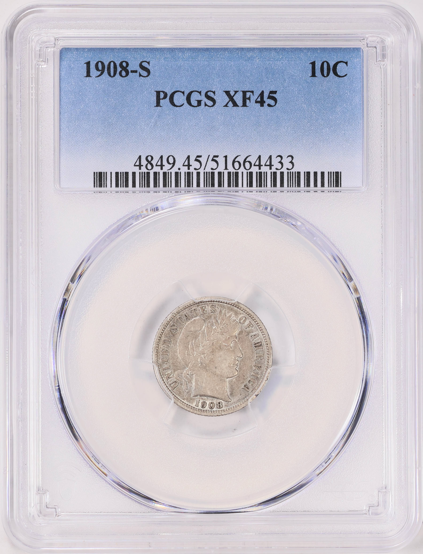 1908-S Barber Dime PCGS XF-45 (Item 1791235) | GreatCollections Coin Auctions