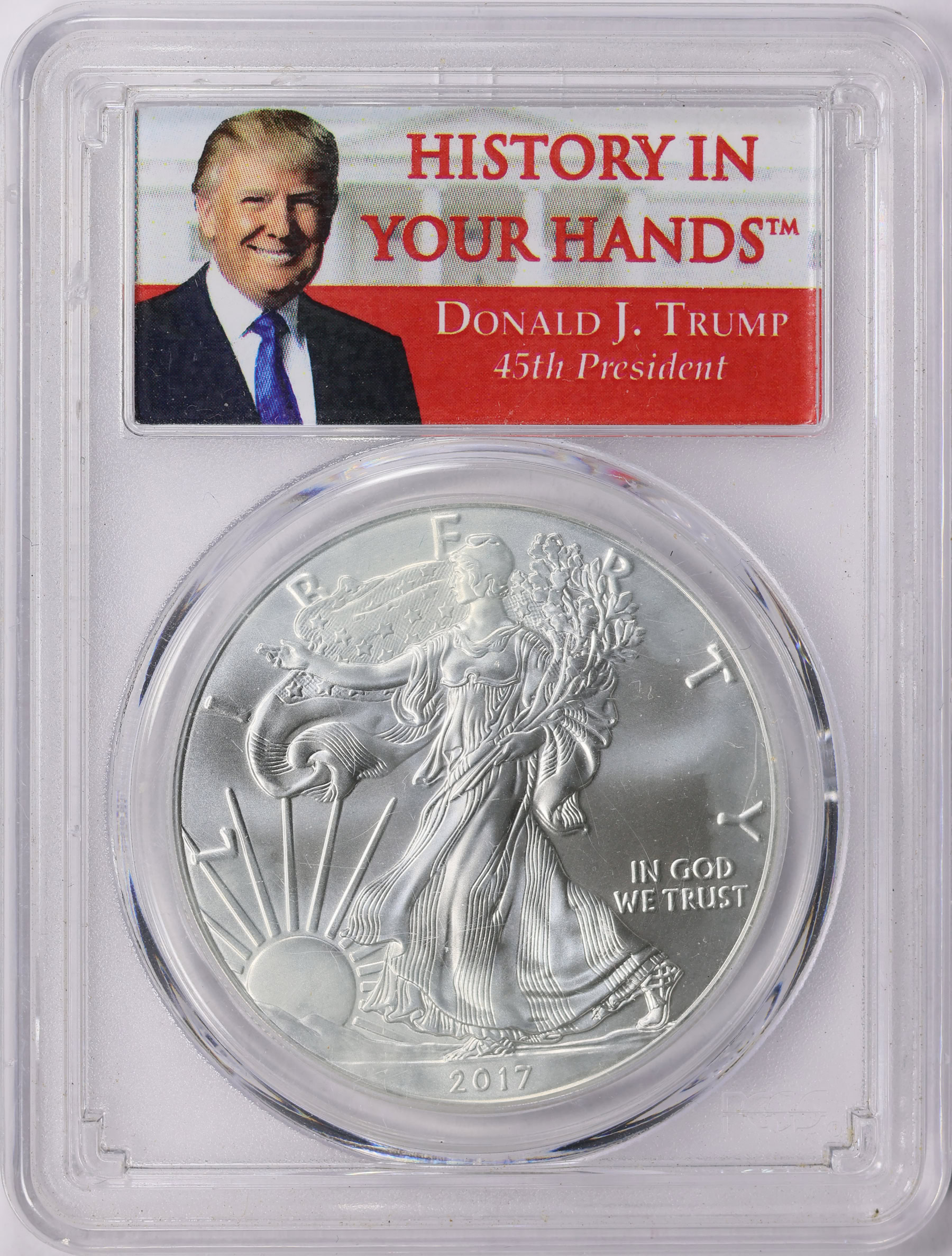 2017 $1 Silver Eagle First Day of Issue PCGS MS-70 (Donald J. Trump Label) (Item 1792196 ...