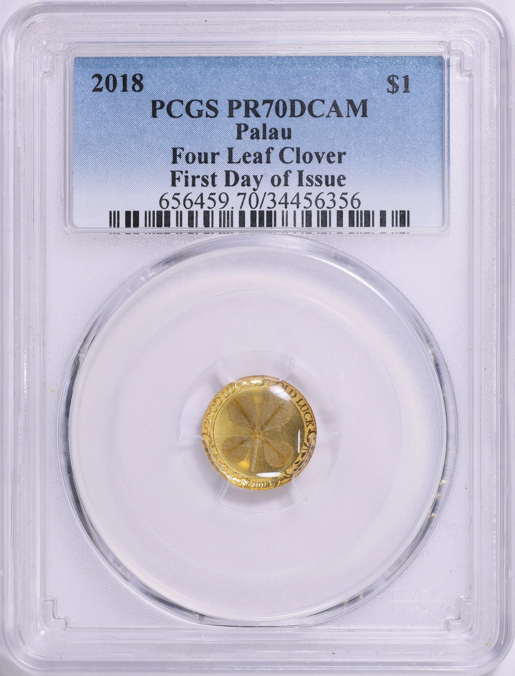 Palau 2018 Gold $1 Four Leaf Clover PCGS Proof-70 DCAM (AGW = 0.0321 Oz ...
