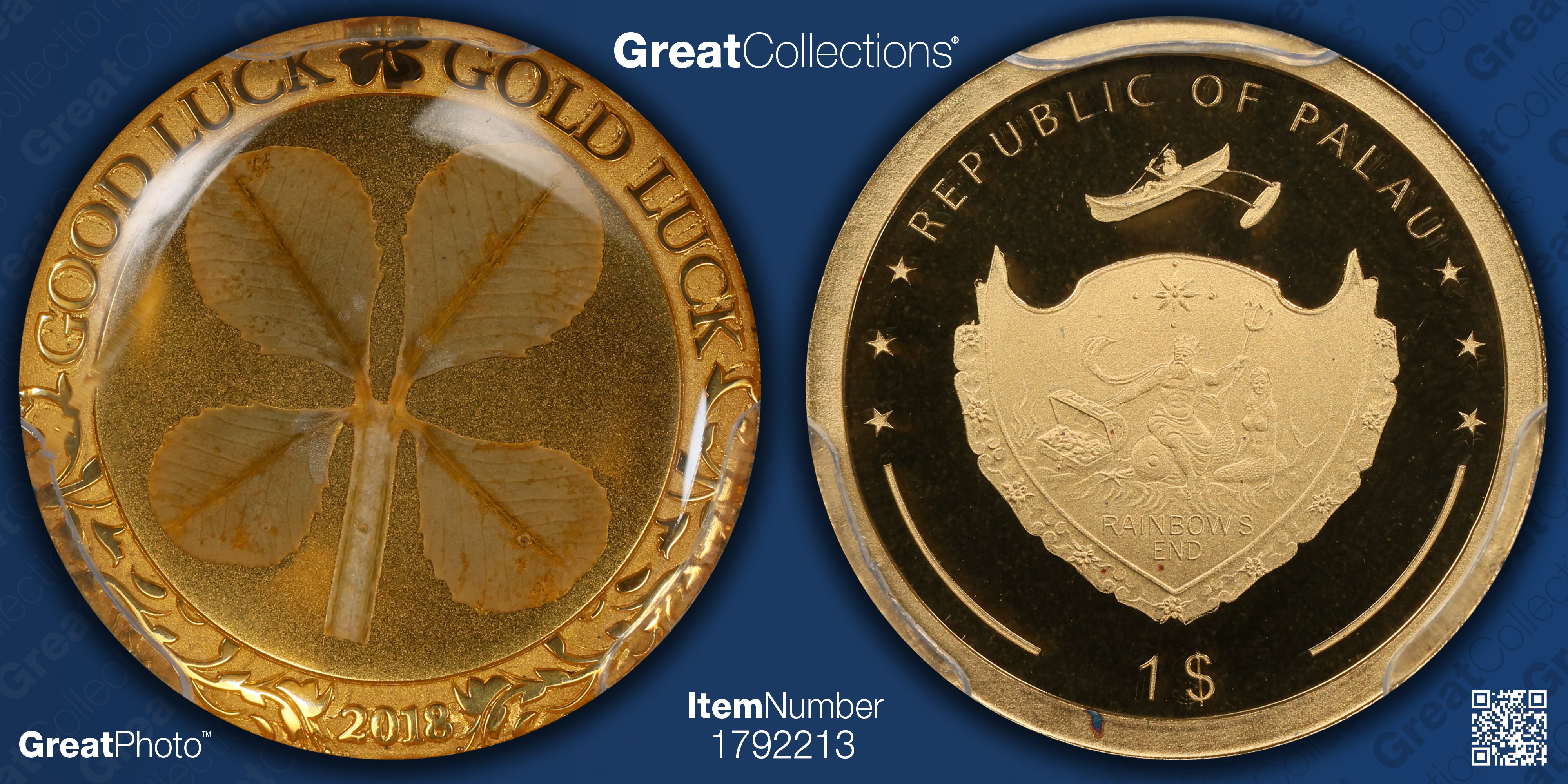 Palau 2018 Gold $1 Four Leaf Clover PCGS Proof-70 DCAM (AGW = 0.0321 Oz ...