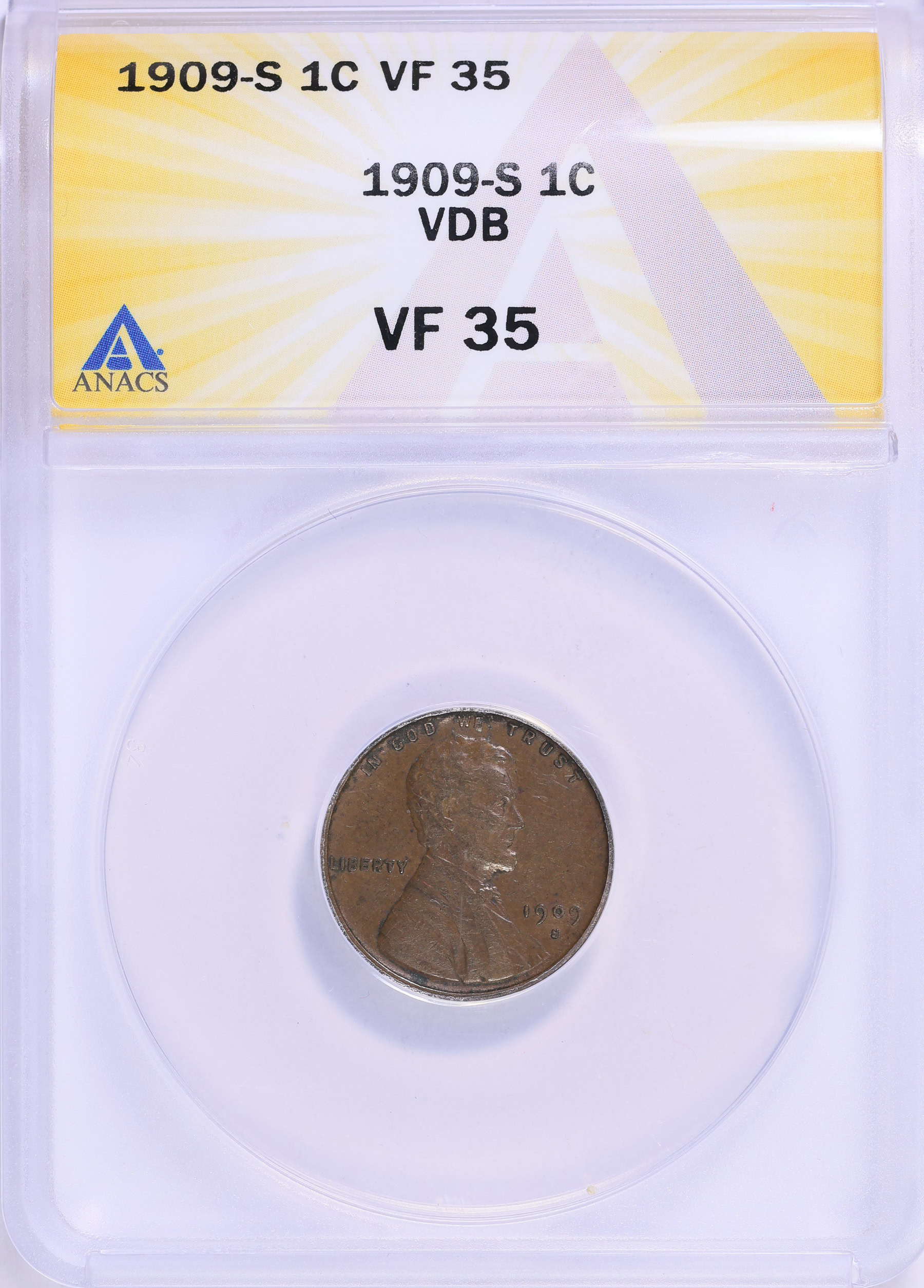 1909-S Lincoln Cent V.D.B. ANACS VF-35 BN (Item 1792258) | GreatCollections Coin Auctions