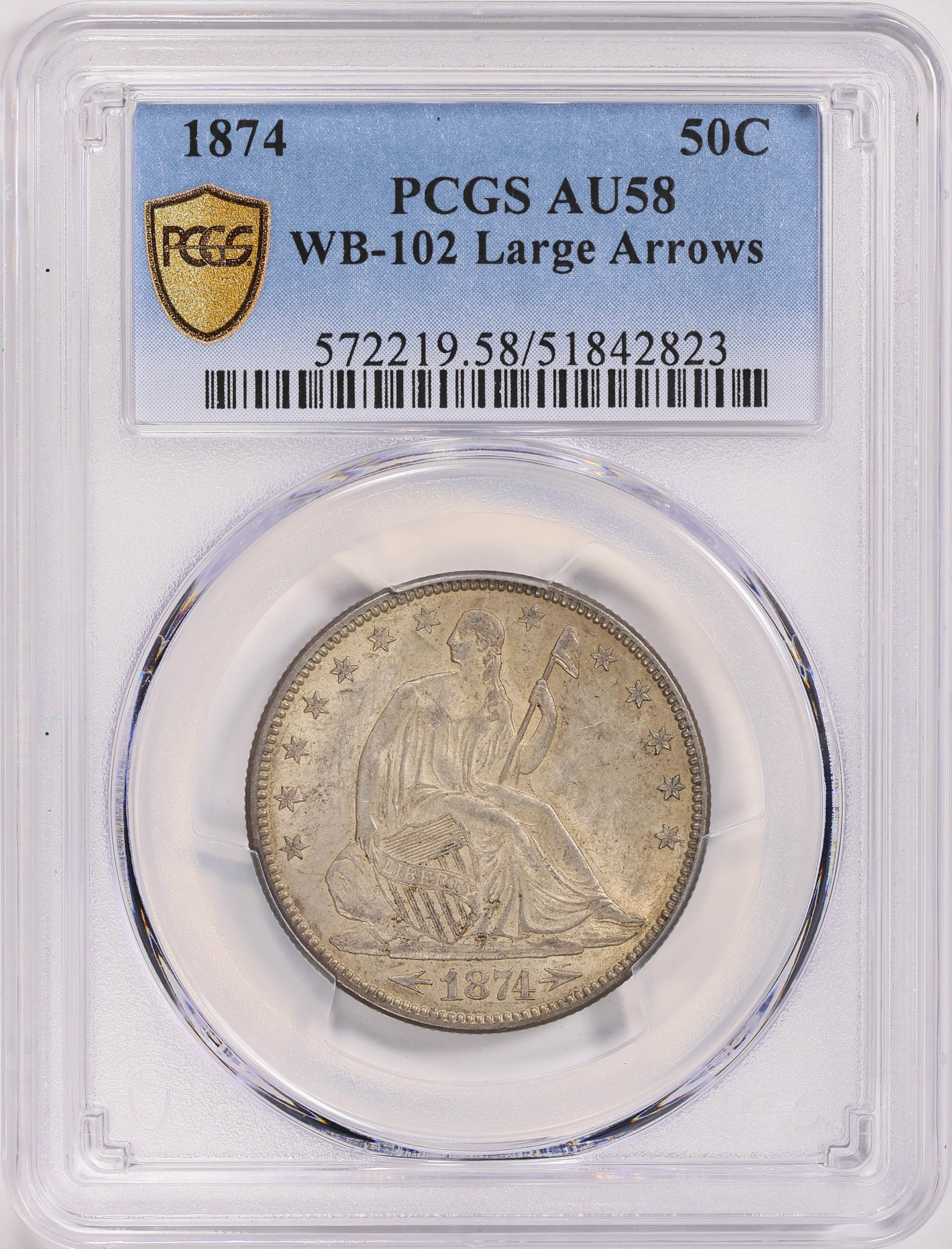 1874 Seated Liberty Half Dollar Large Arrows WB-102 PCGS AU-58 (Item 1792316) | GreatCollections ...