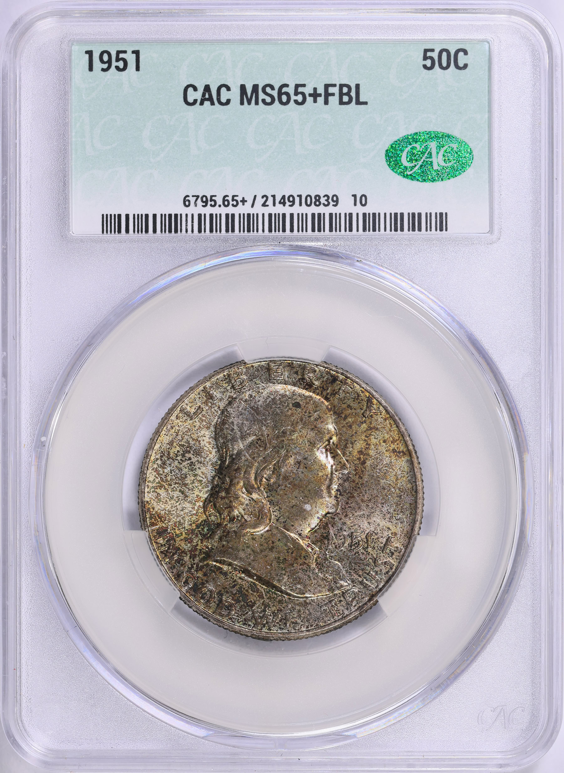 1951 Franklin Half Dollar CACG MS-65+ FBL (Toned) (Item 1792356 ...