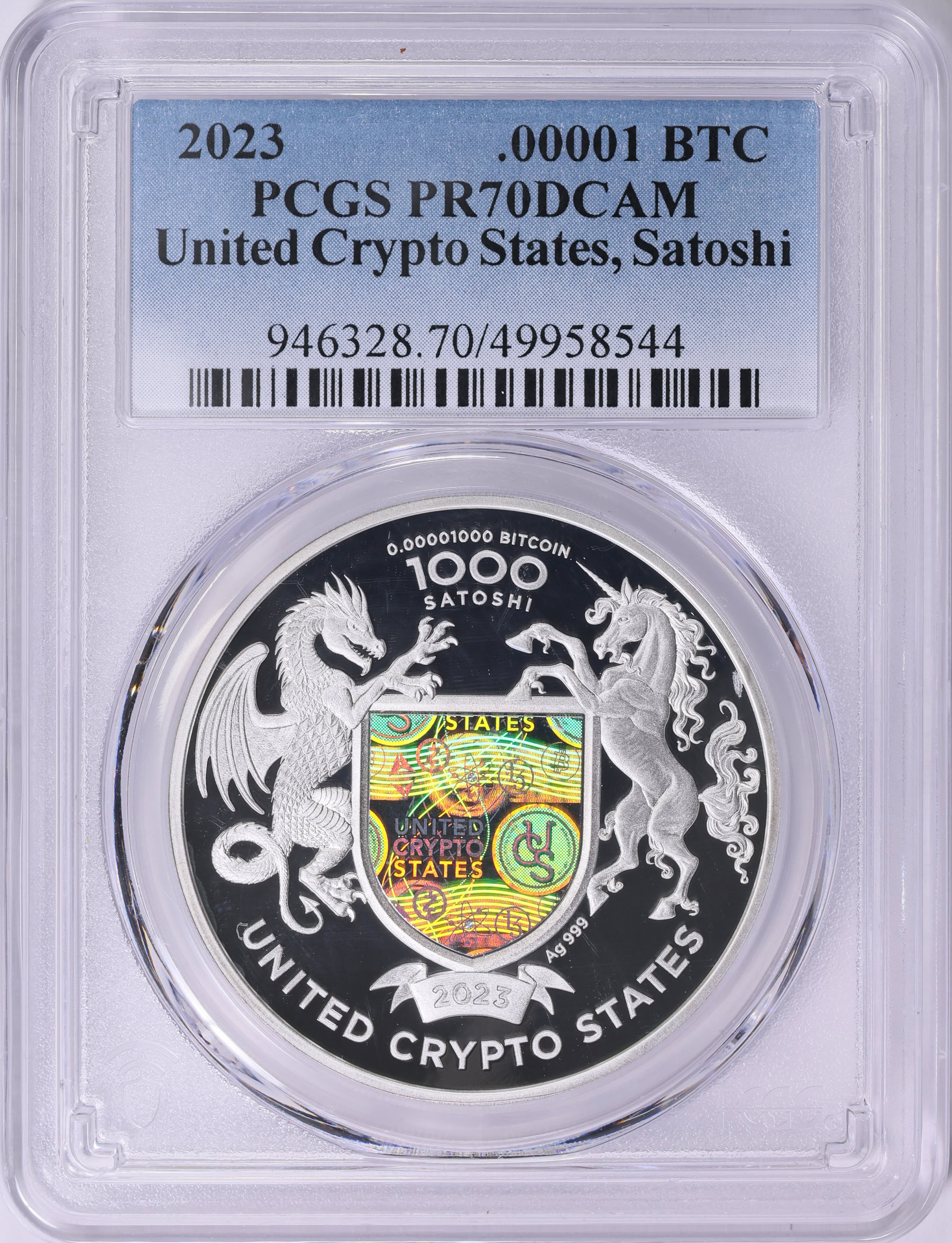 2023 .00001 Bitcoin United States Crypto States, Satoshi Token PCGS ...