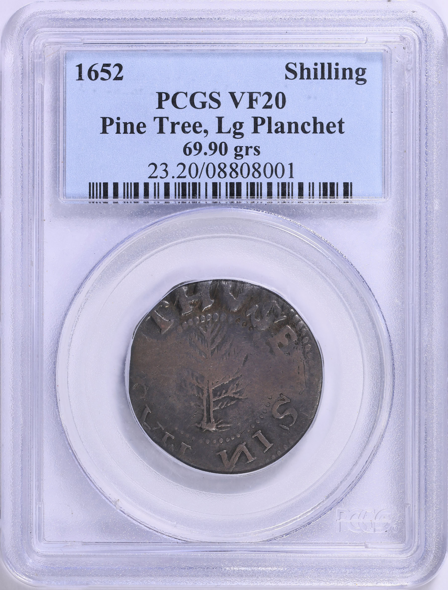 1652 Massachusetts Pine Tree Silver Shilling Large Planchet PCGS VF-20 ...