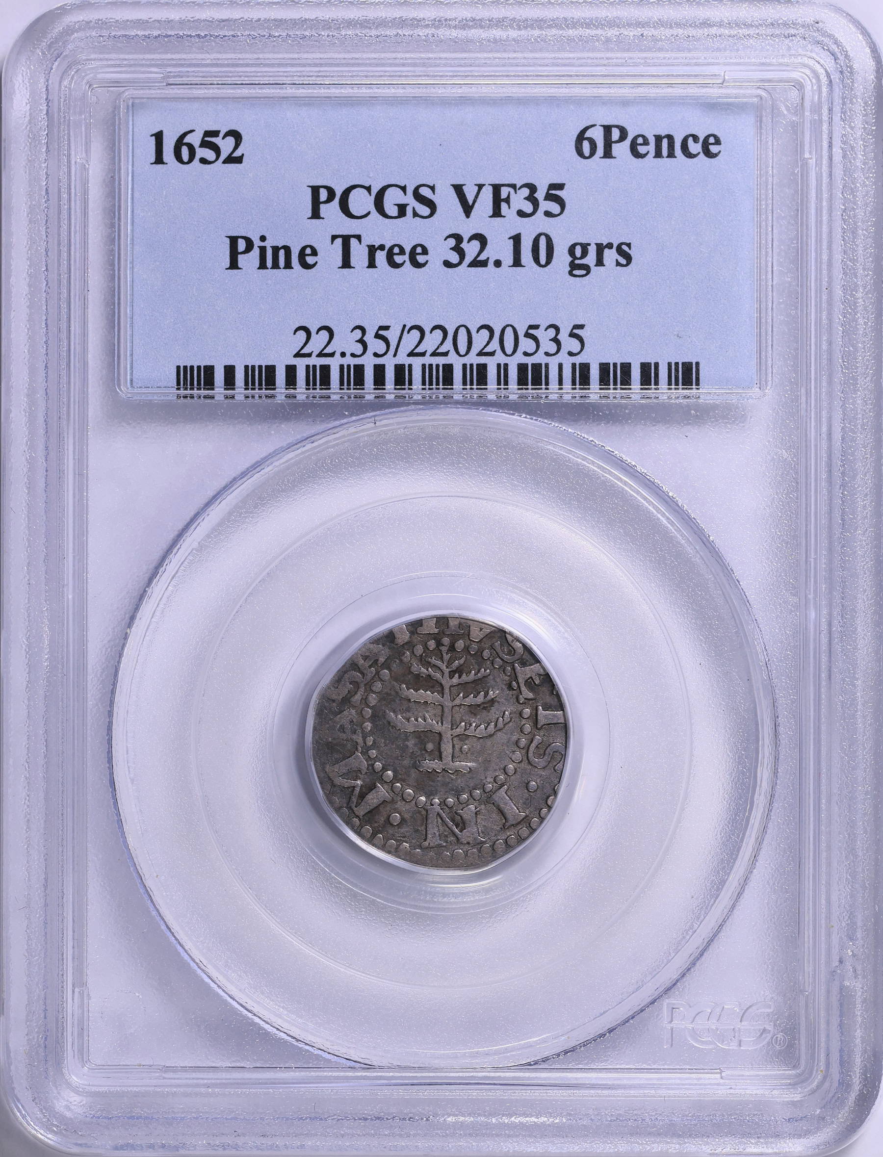 1652 Massachusetts Pine Tree Silver Sixpence PCGS VF-35 (32.10 grs ...