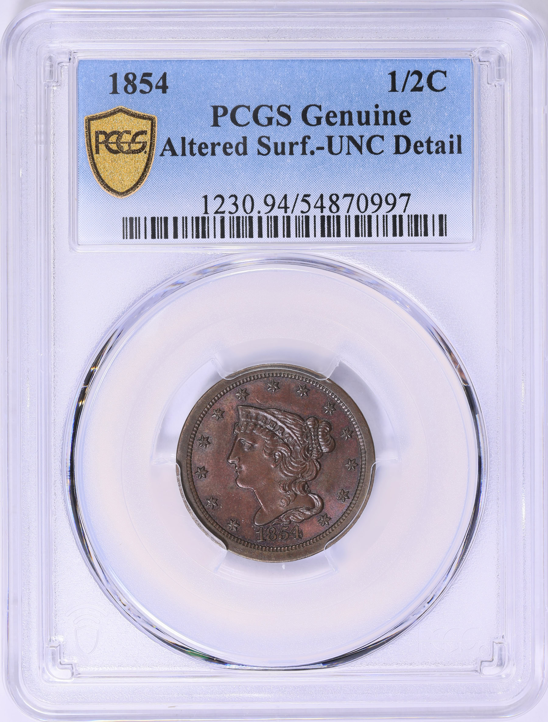 1854 Braided Hair Half Cent PCGS Genuine Unc Details (Item 1792574) | GreatCollections Coin Auctions