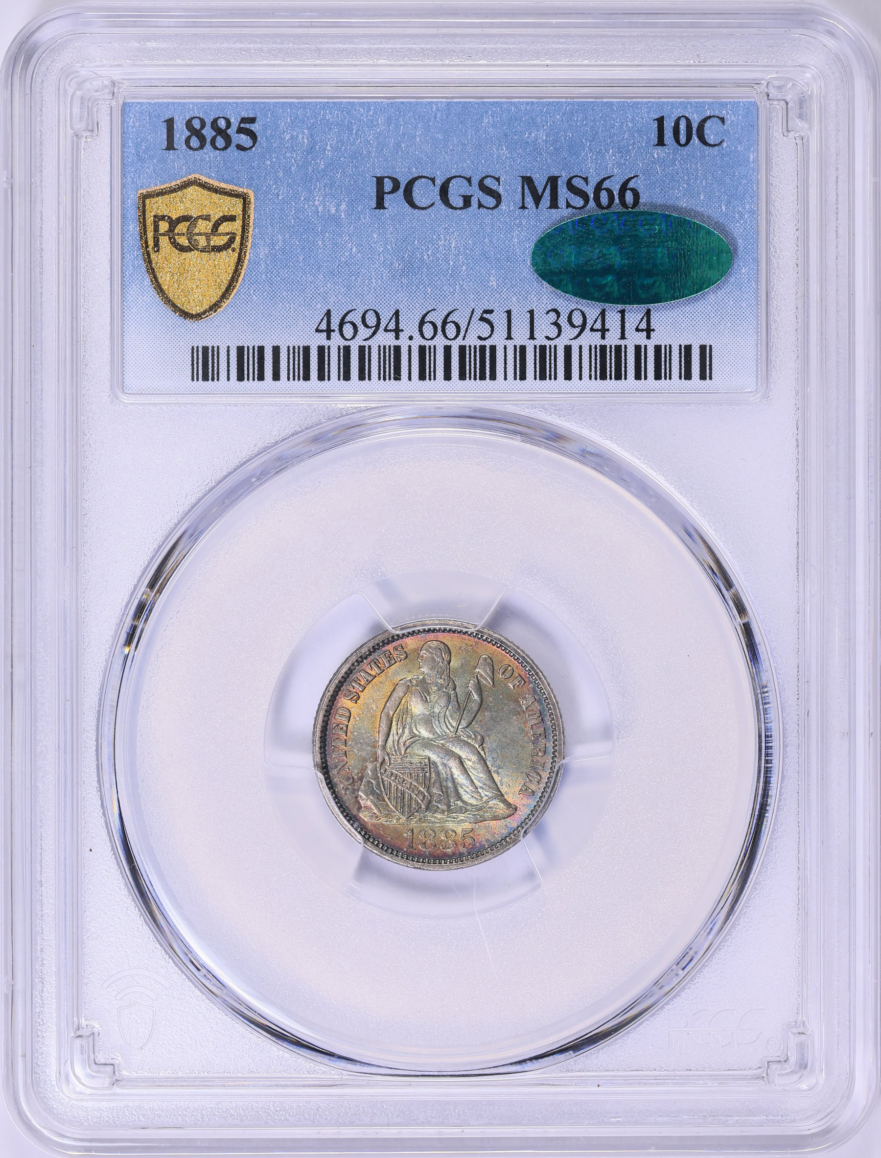 1885 Seated Liberty Dime PCGS MS-66 (CAC Green) (Toned) (Item 1792589) | GreatCollections Coin ...