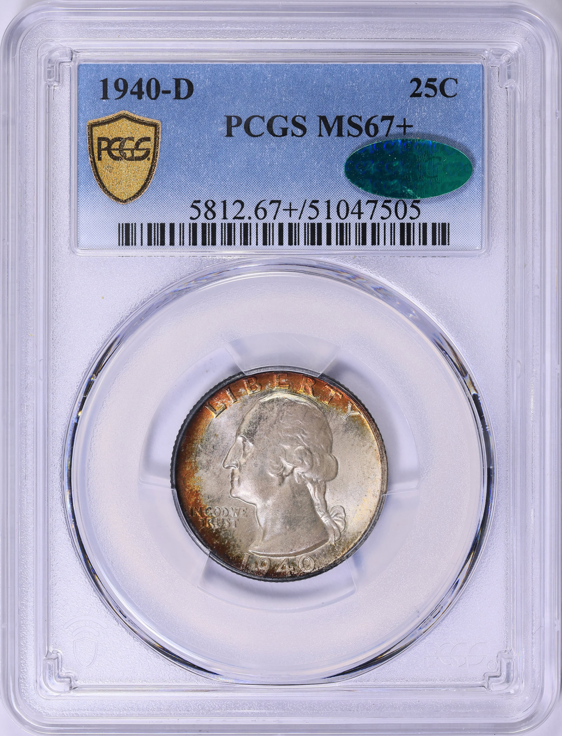 1940-D Washington Quarter PCGS MS-67+ (CAC Green) (Toned) (Item 1792594) | GreatCollections Coin ...