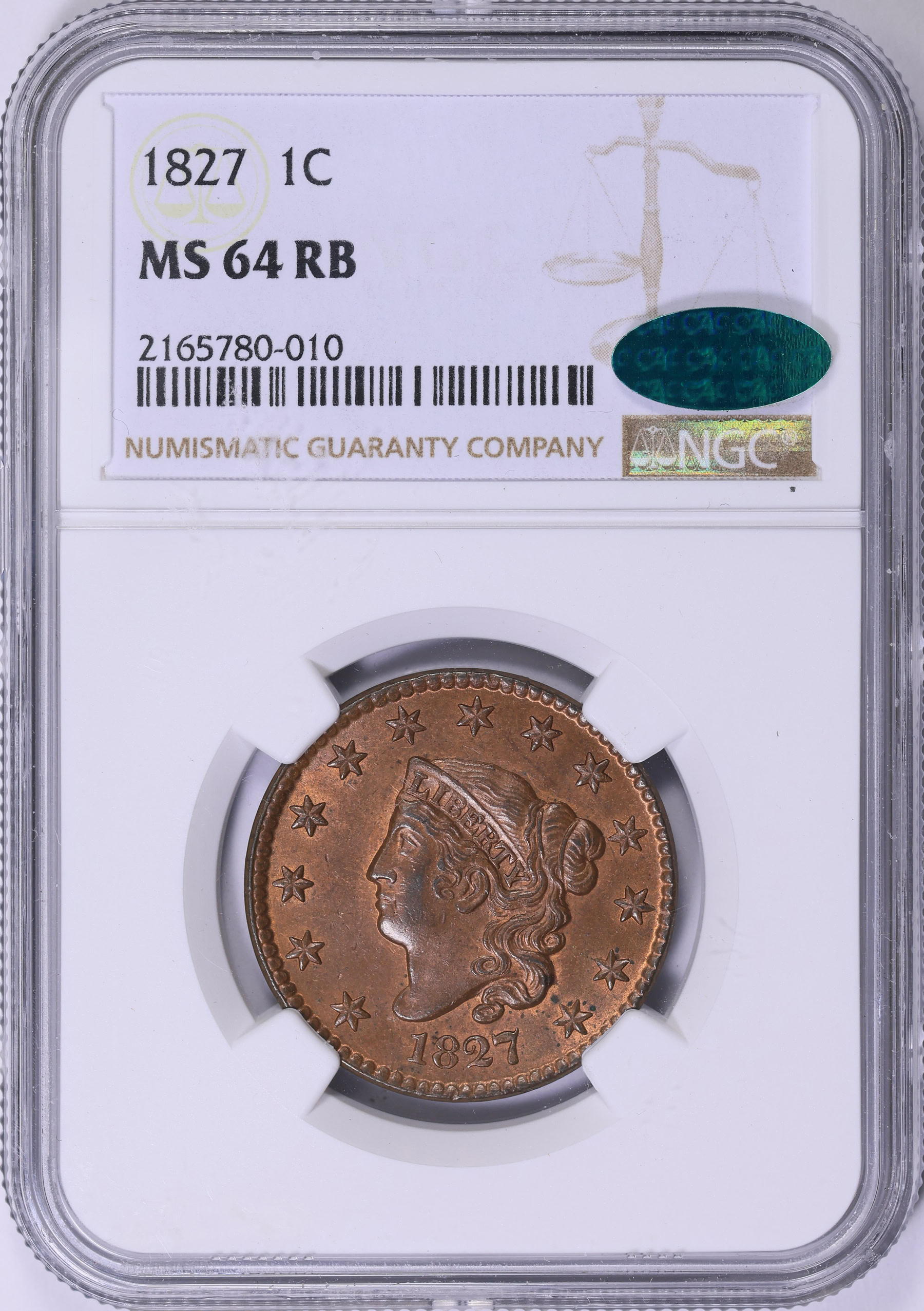 1827 Matron Cent NGC MS-64 RB (CAC Green) (Item 1792596) | GreatCollections Coin Auctions