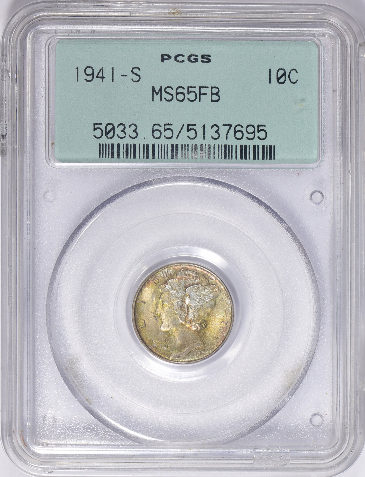 1941-S Mercury Dime PCGS MS-65 FB OGH (2nd Gen) (Toned) (Item 1792618) | GreatCollections Coin ...