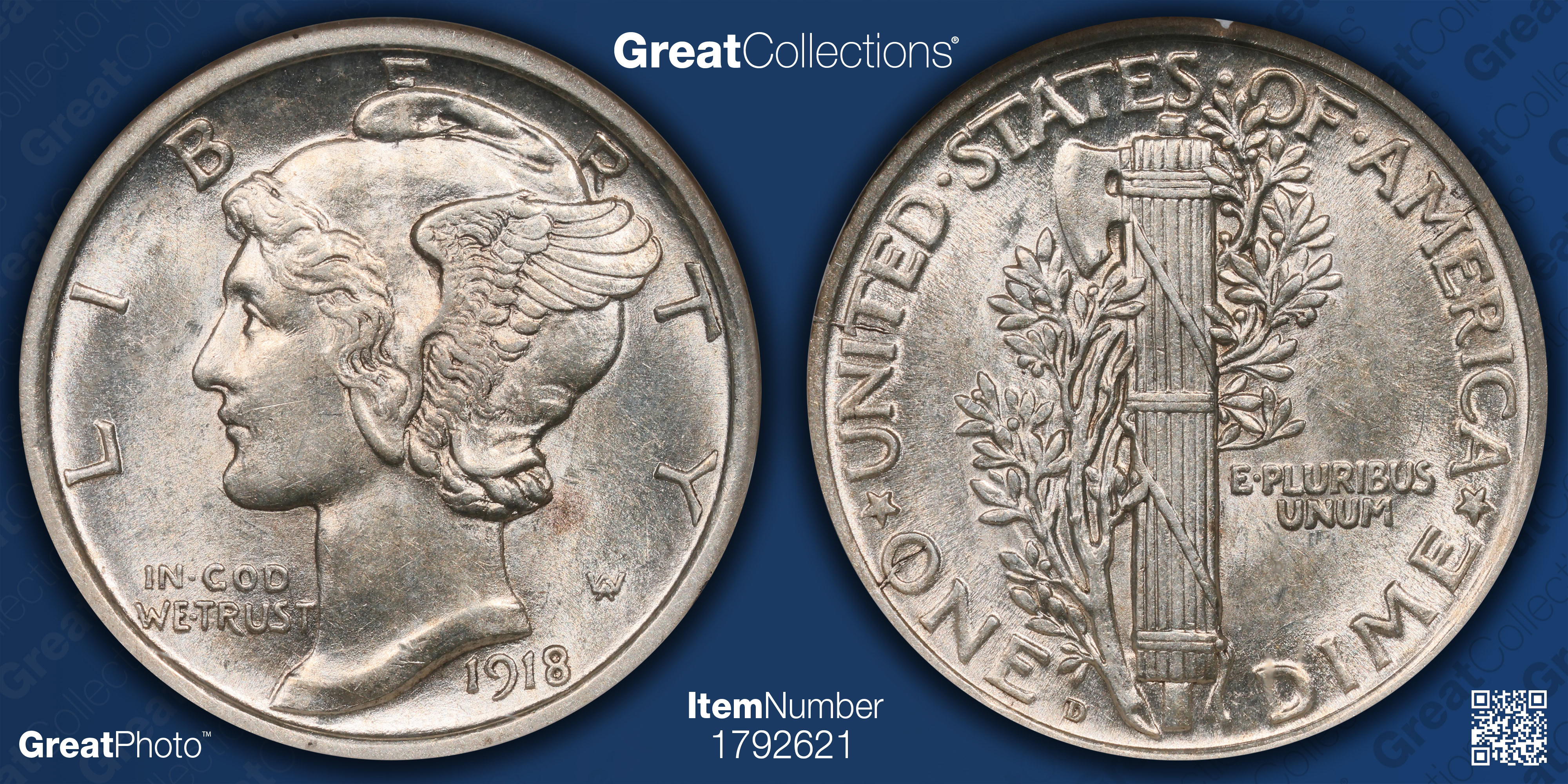 1918-D Mercury Dime NGC AU-58 FB (Item 1792621) | GreatCollections Coin ...